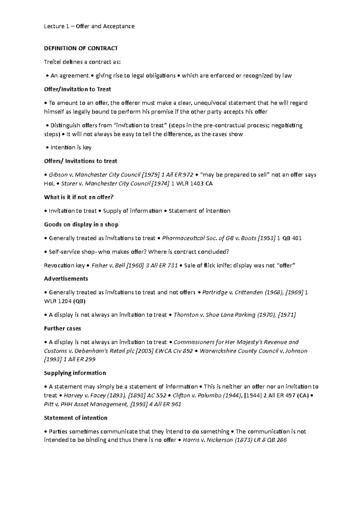 Lecture 1 notes - Offer and acceptance - Lecture 1 – Offer and ...