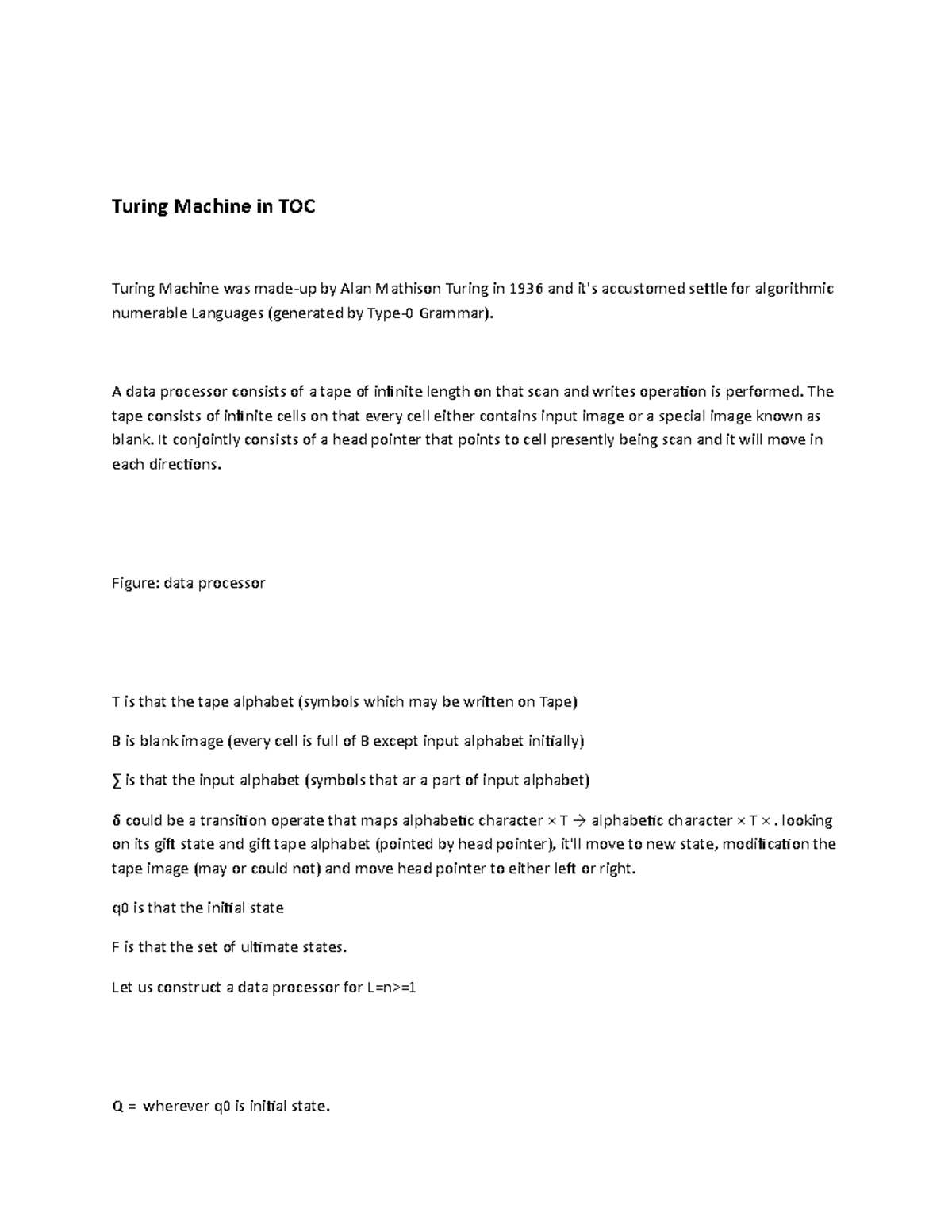 Turing Machine in TOC - Turing Machine in TOC Turing Machine was made ...