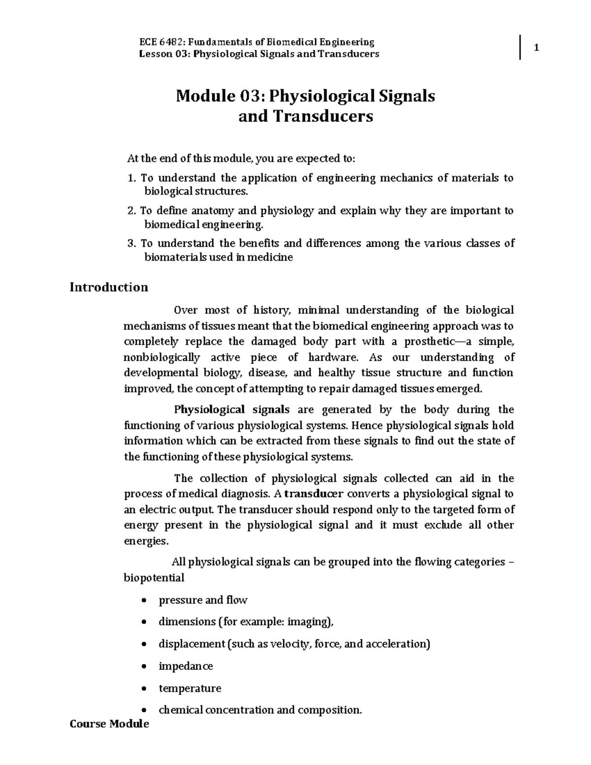 Week 3 - Lesson 03: Physiological Signals and Transducers 1 Module 03 ...