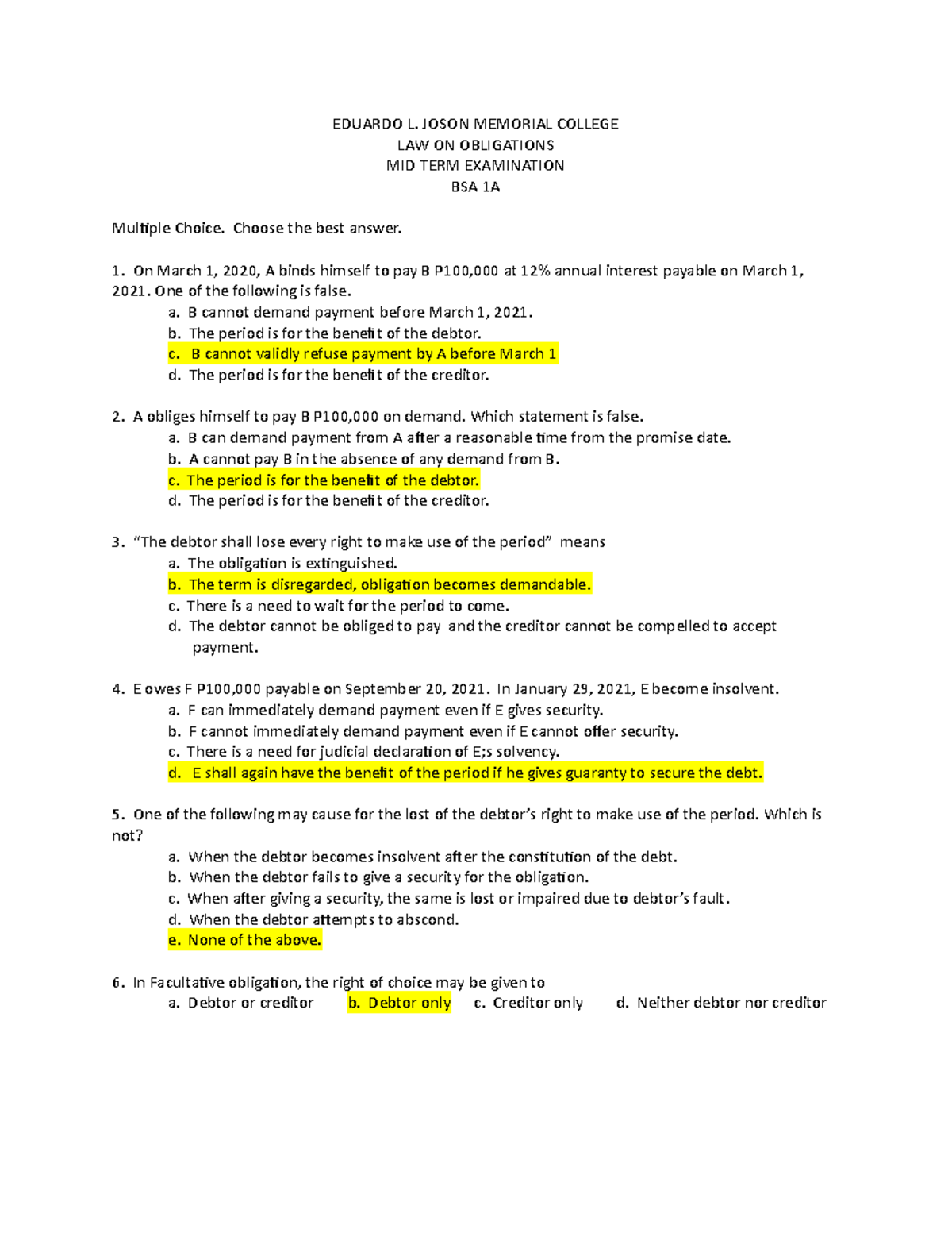 BSA 1A mid term obli L - A handful material in the subject Obligation ...