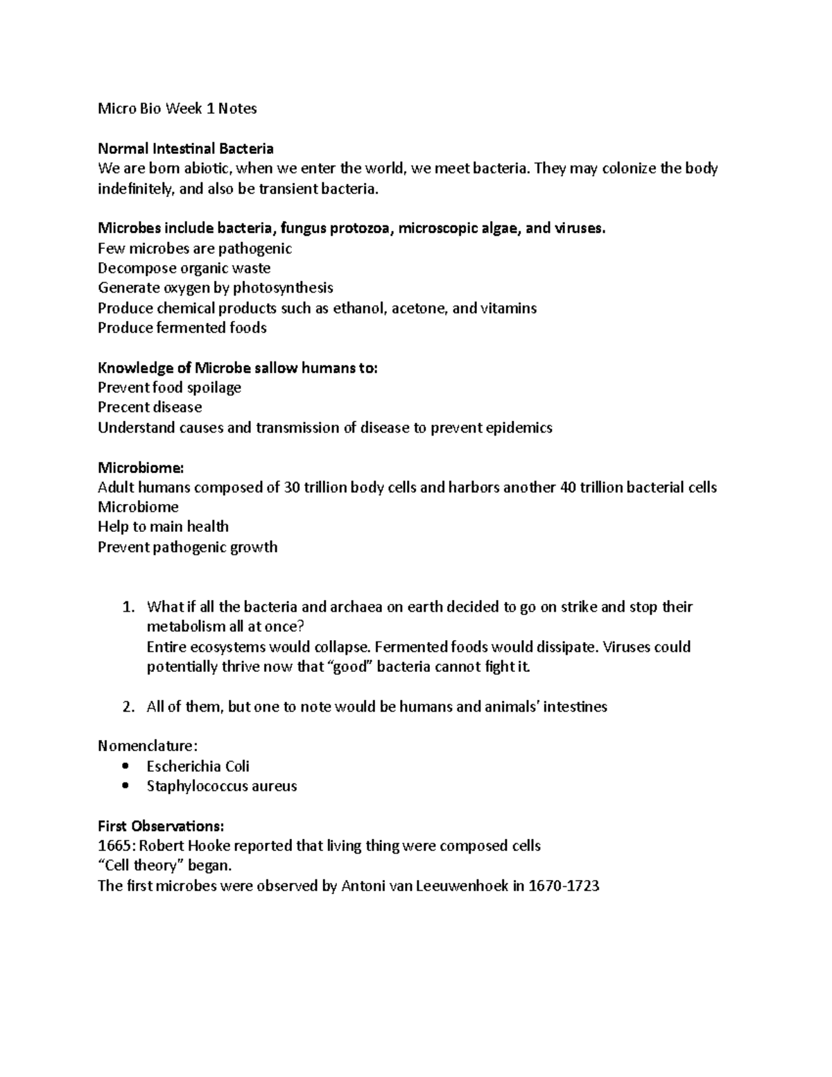Micro Bio 305 Notes - Exam 1 - Micro Bio Week 1 Notes Normal Intestinal ...