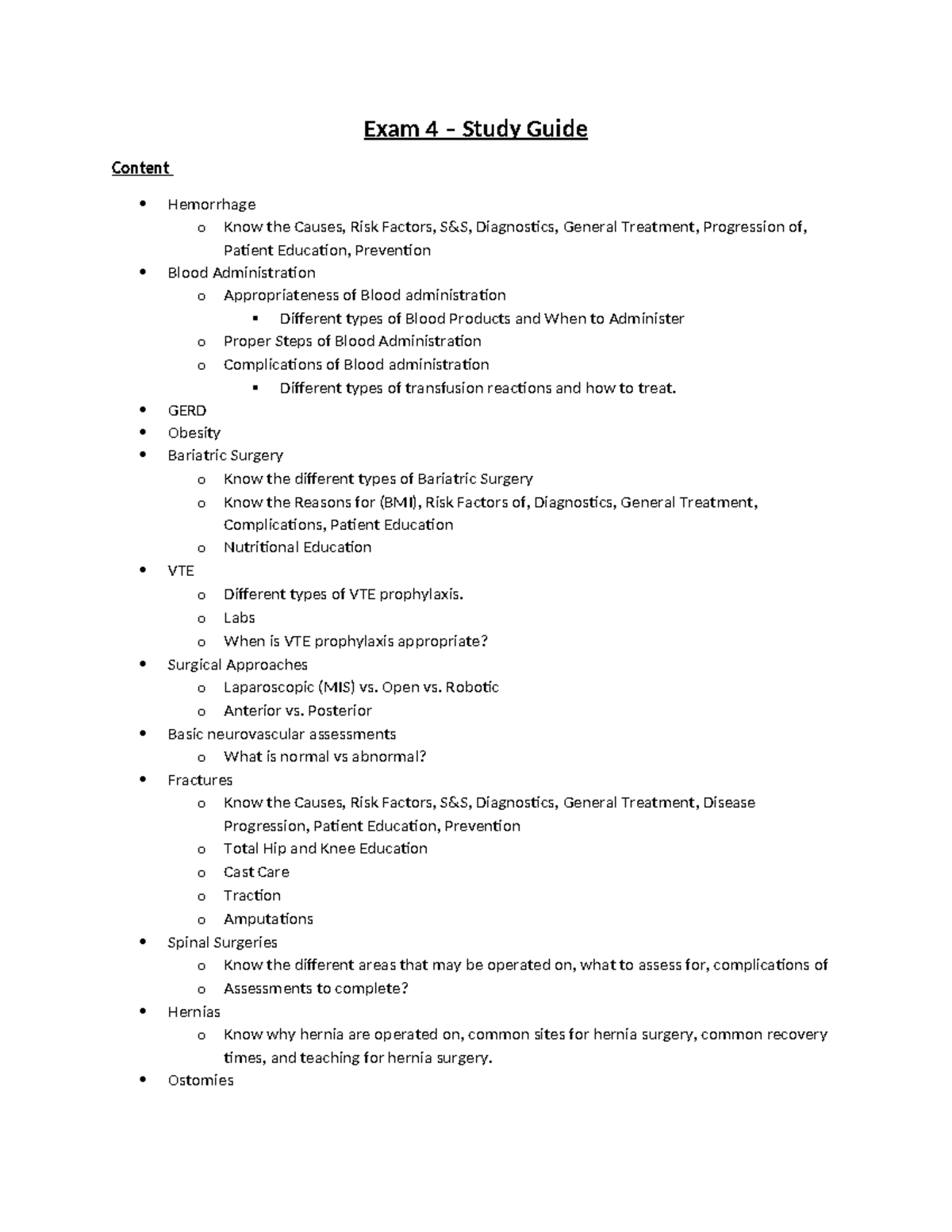 Module 4 Study Guide - Exam 4 – Study Guide Content Hemorrhage o Know ...