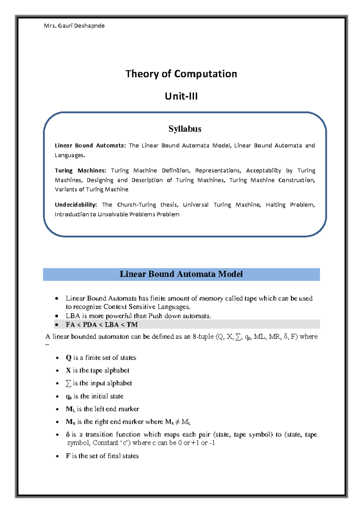Theory Of Computation Unit Iii Theory Of Computation Unit Iii Linear Bound Automata Model