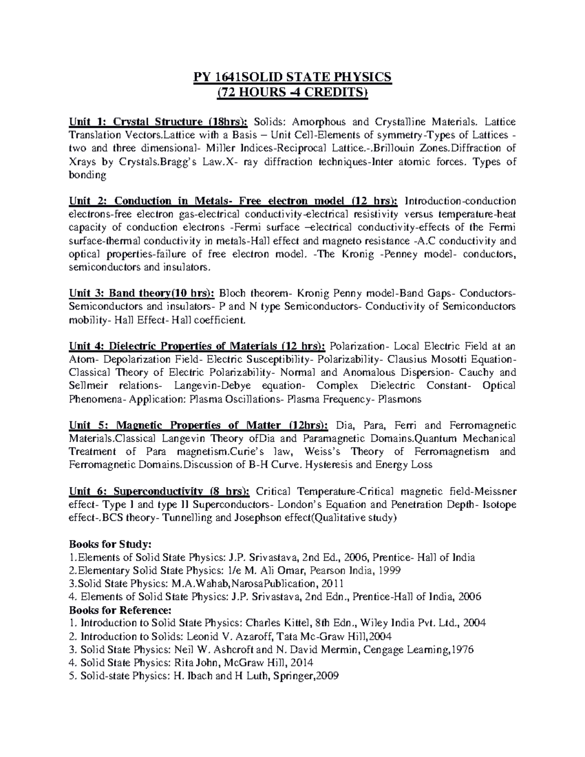 Paper 1 PY 1641 Solid State Physics - PY 1641SOLID STATE PHYSICS (72 HOURS -4 CREDITS) Unit 1 ...