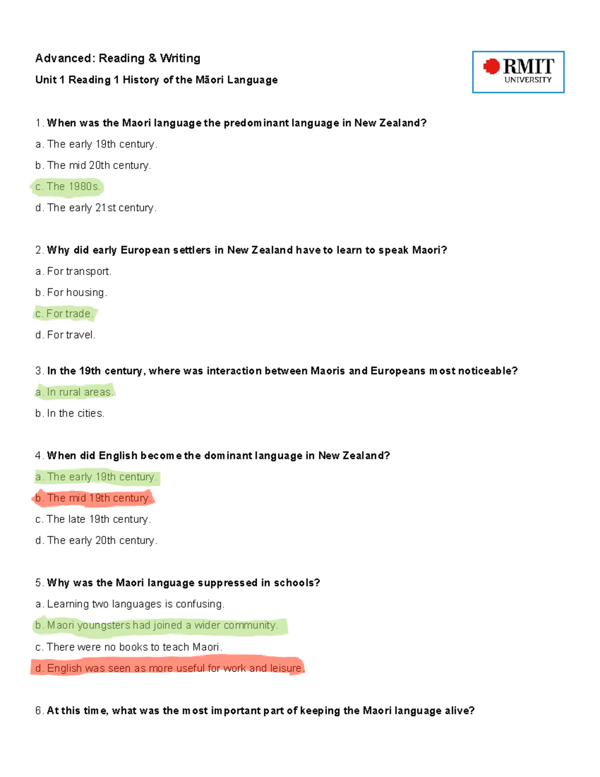 Unit 1 Reading 1 Multiple choice questions copy - Advanced: Reading ...