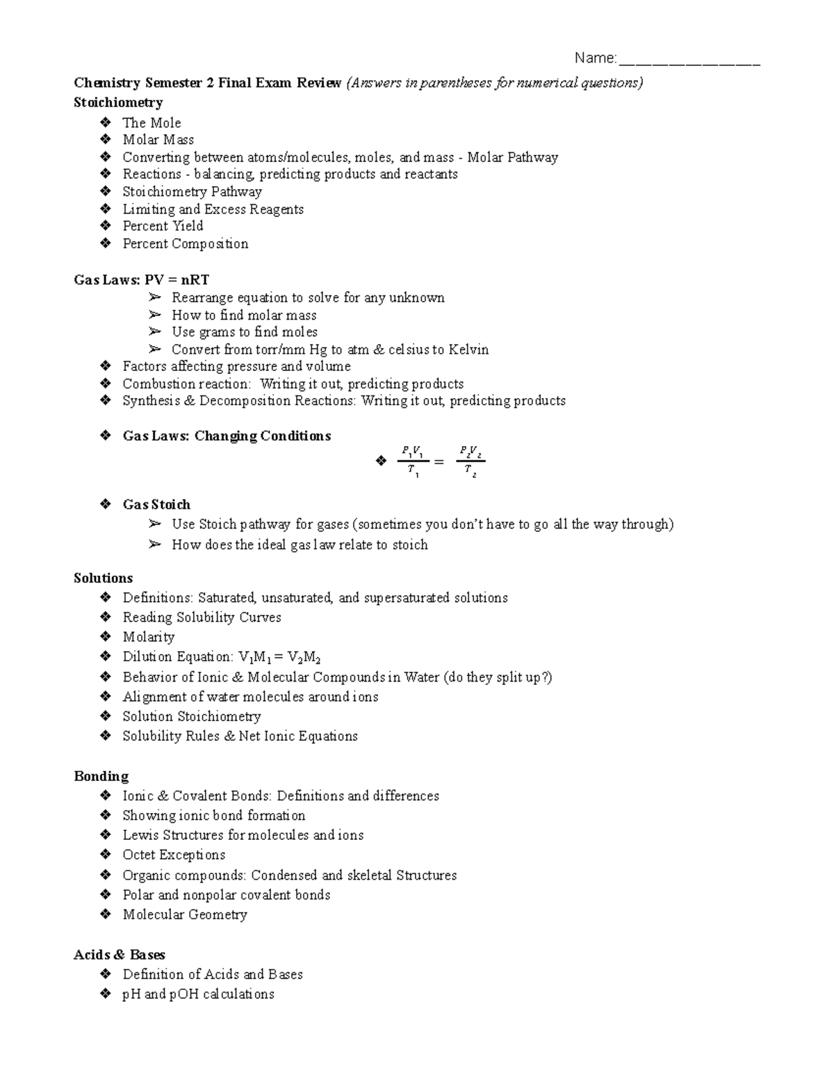 Chemistry Semester 2 Finals Review - Chemistry Semester 2 Final Exam ...