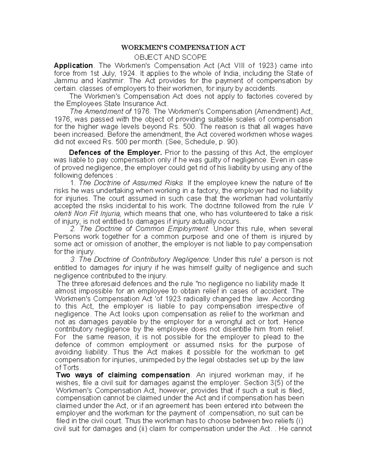 Workmen Compensation Overview 0 - WORKMEN'S COMPENSATION ACT OBJECT AND ...