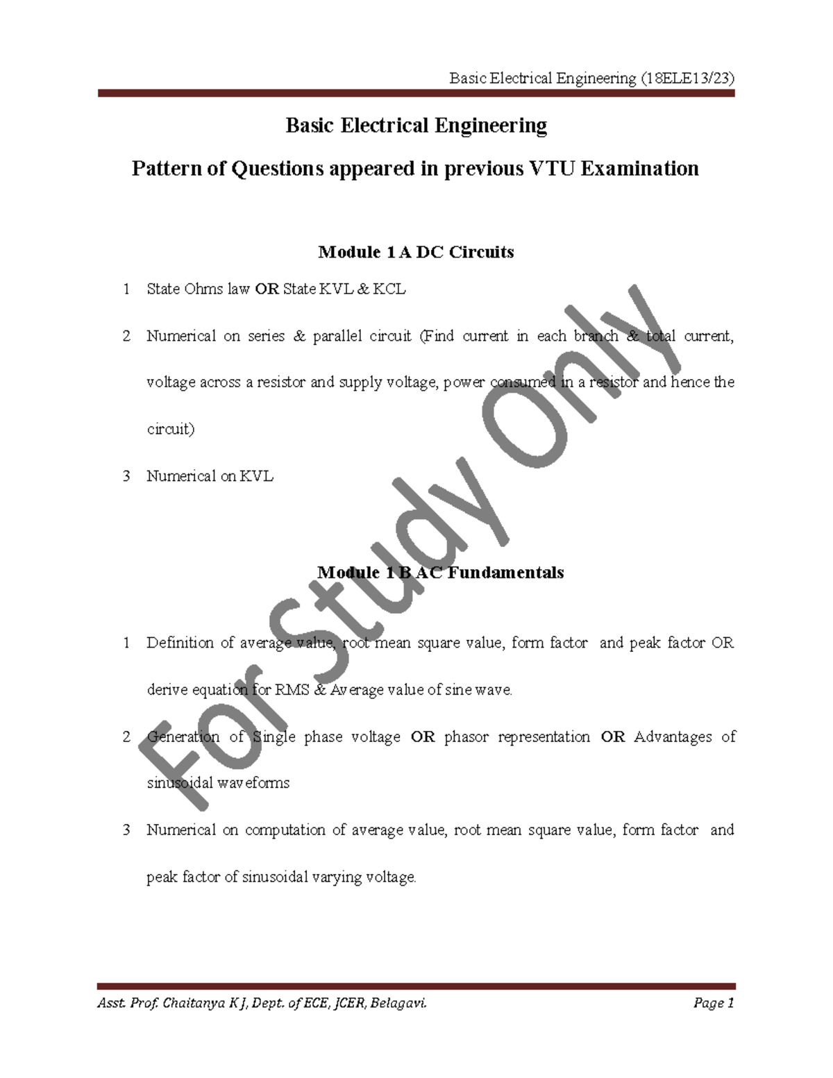 Pattern of Questions appeared in previous VTU Examination - Basic ...