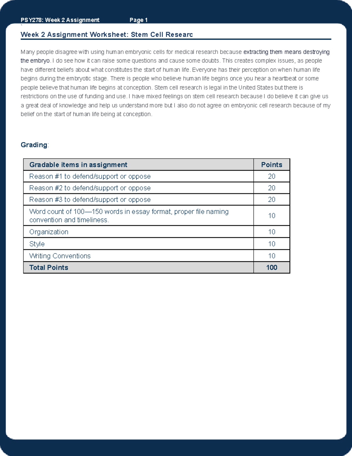 PSY278H Wk2 Assignment - PSY278: Week 2 Assignment Page 1 ` Week 2 Assignment Worksheet: Stem ...