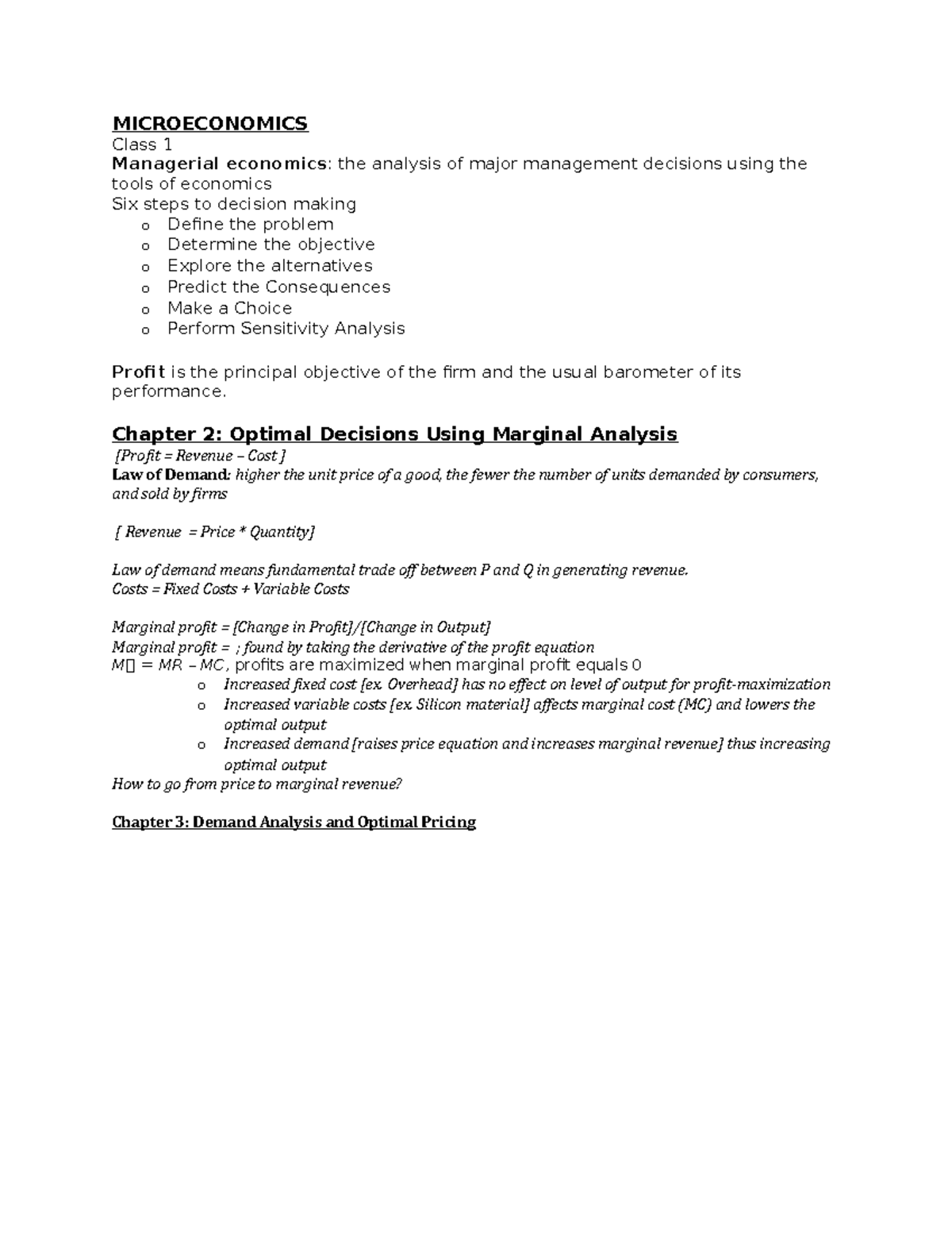 Microeconomics - Class notes - MICROECONOMICS Class 1 Managerial ...