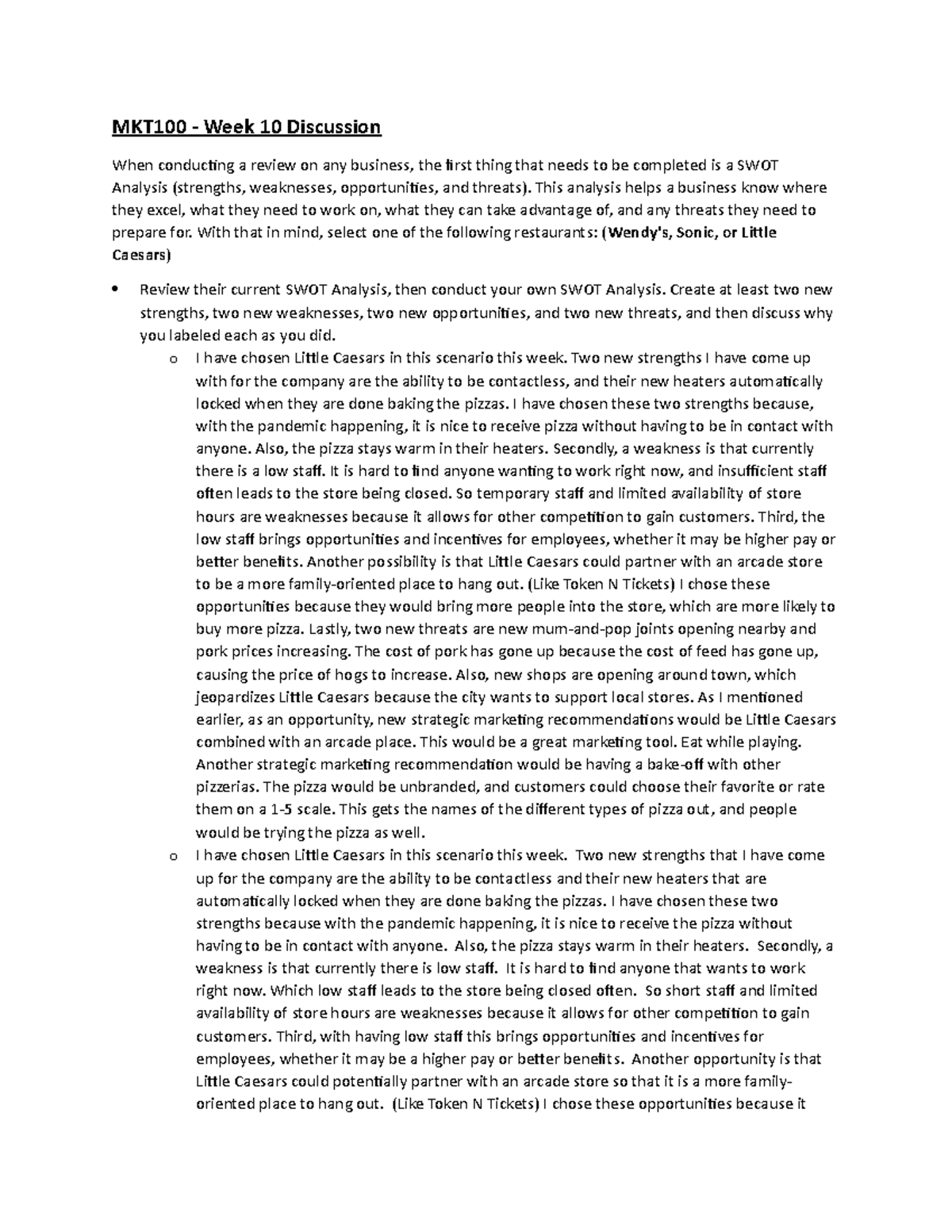 Week 10 Discussion - Dr. Tracy Ellard - MKT100 - Week 10 Discussion ...