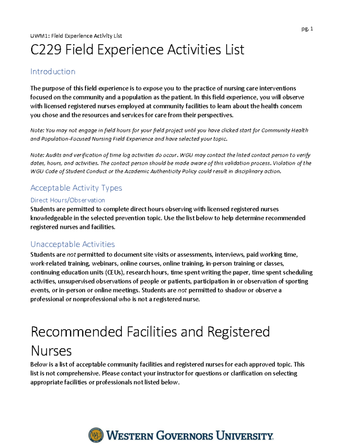 C229 Field Experience Activities List - UWM1: Field Experience Activity ...