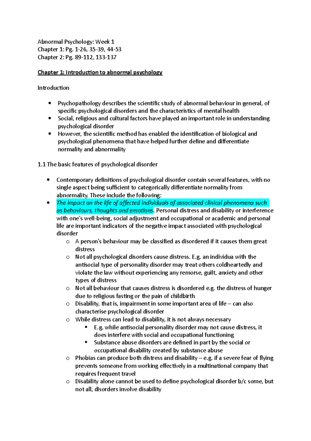 Intro (Wk 1) - Week 1 Lecture Notes - Abnormal Psychology: Week 1 ...