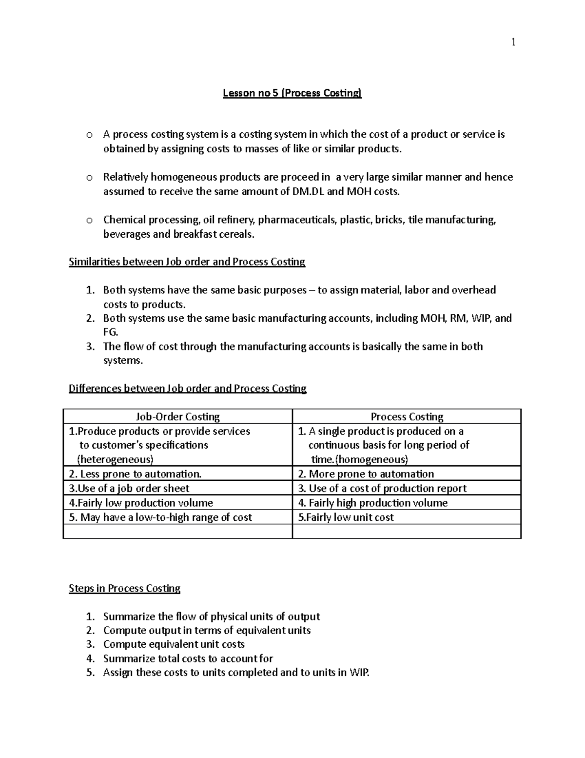 Lesson No 5 (Process Costing) - Lesson no 5 (Process Costing) o A ...