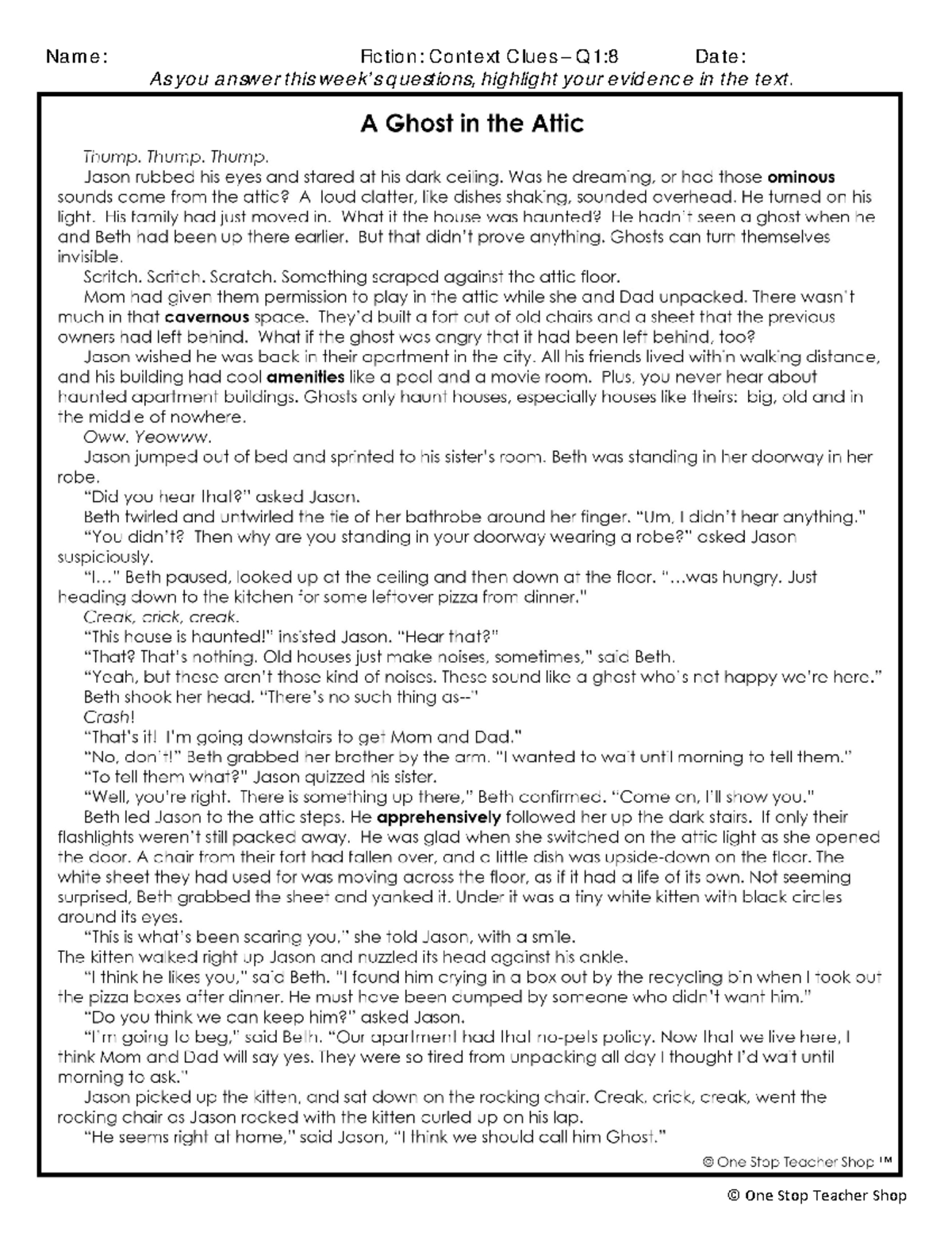 8 reading q1 f context clues - Name: Fiction: Context Clues – Q1:8 Date ...