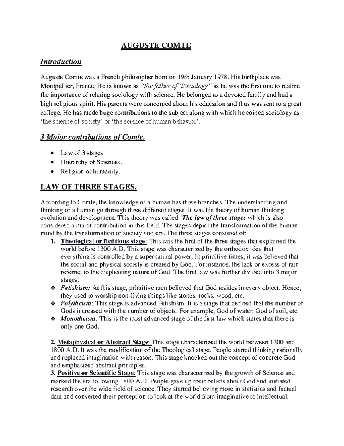 Auguste Comte - lecture notes - AUGUSTE COMTE Introduction Auguste ...
