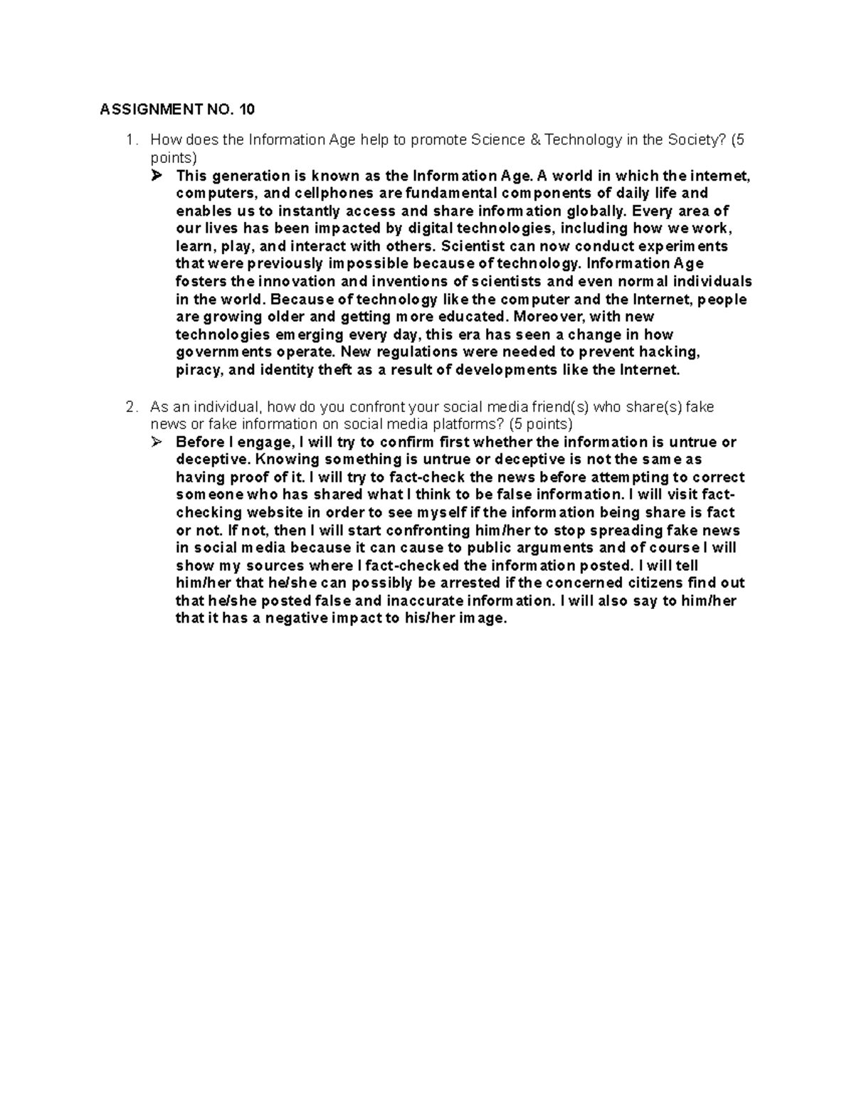 Assignment 3 - Science, Technology, and Society - ASSIGNMENT NO. 10 How does the Information Age ...