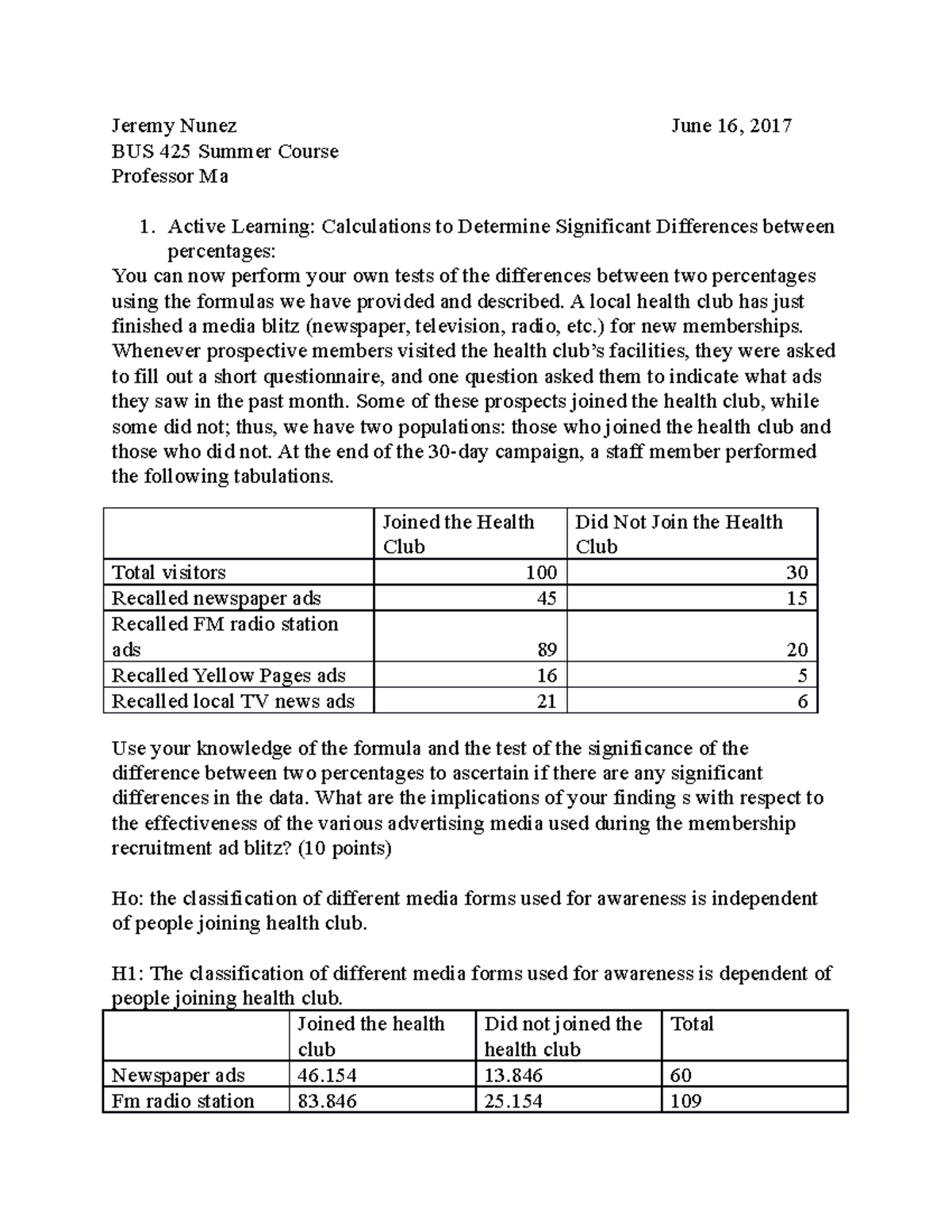 Assignment 4: calculations to determine significant differences between ...
