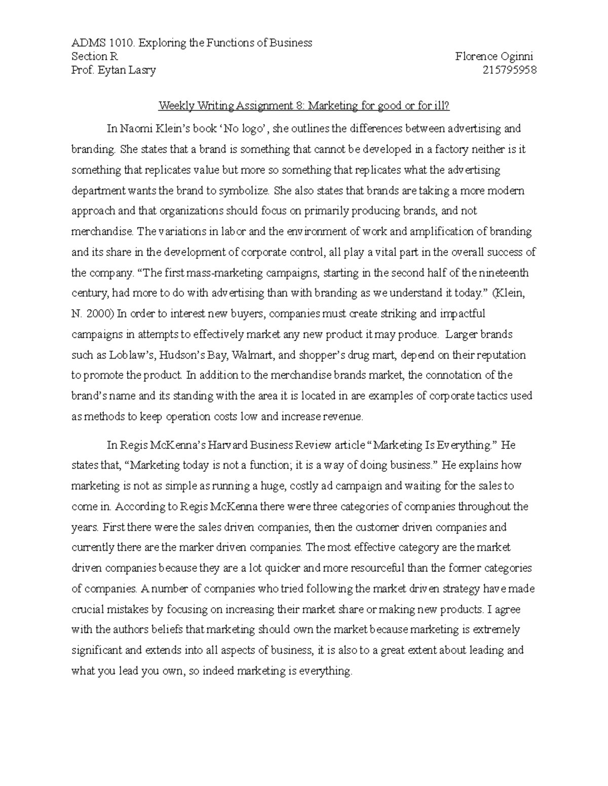 Weekly Writing Assignment 8 - ADMS 1010. Exploring the Functions of ...