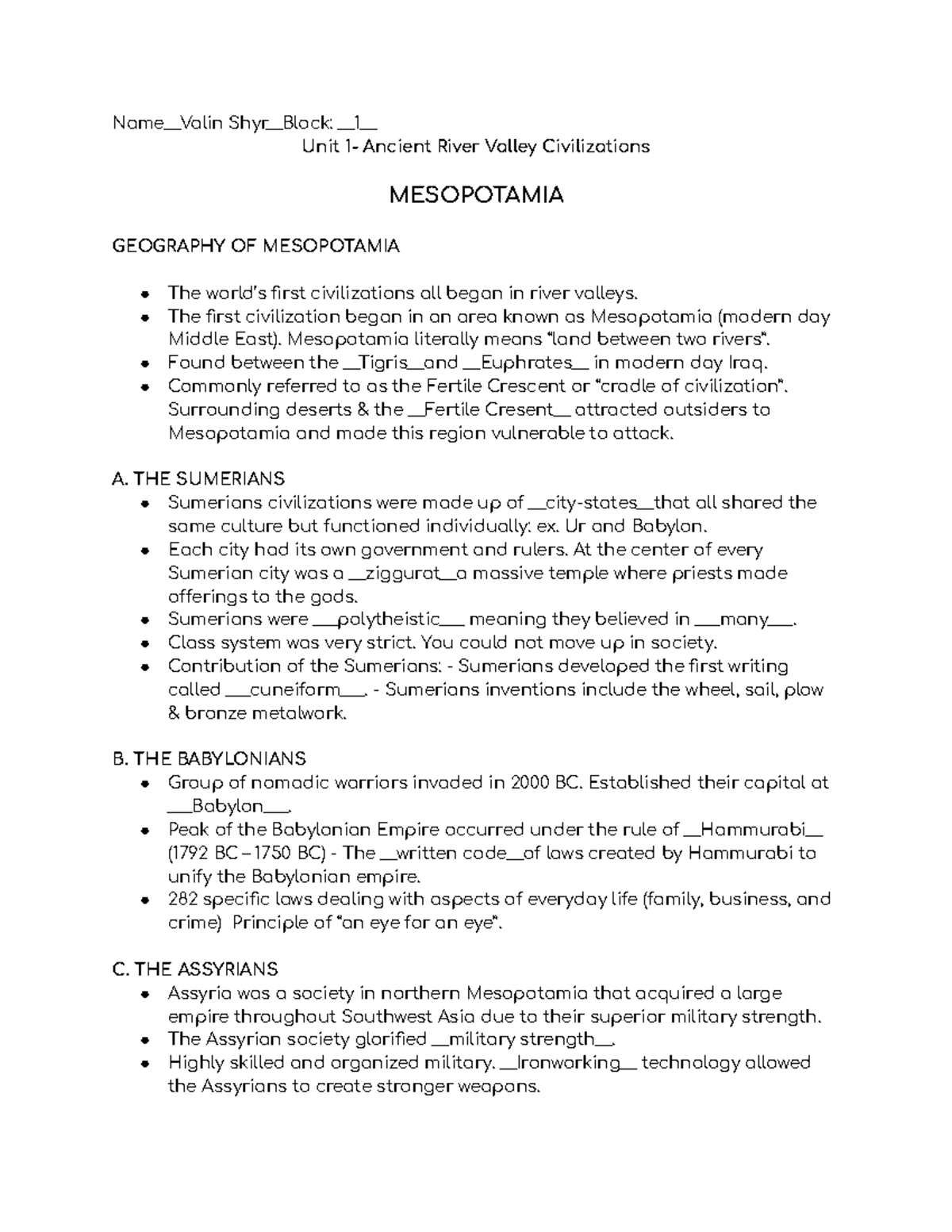 Mesopotamia Notes DL - Name__Valin Shyr__Block: 1 Unit 1- Ancient River ...