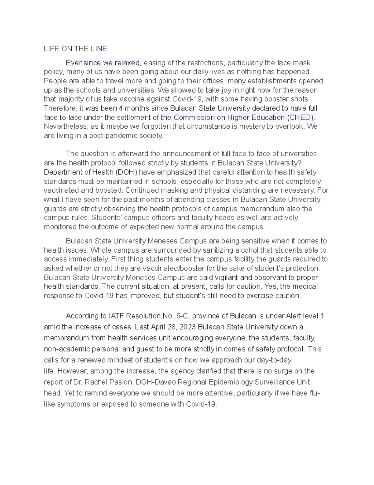 LIFE ON THE LINE - LIFE ON THE LINE - LIFE ON THE LINE Ever since we ...