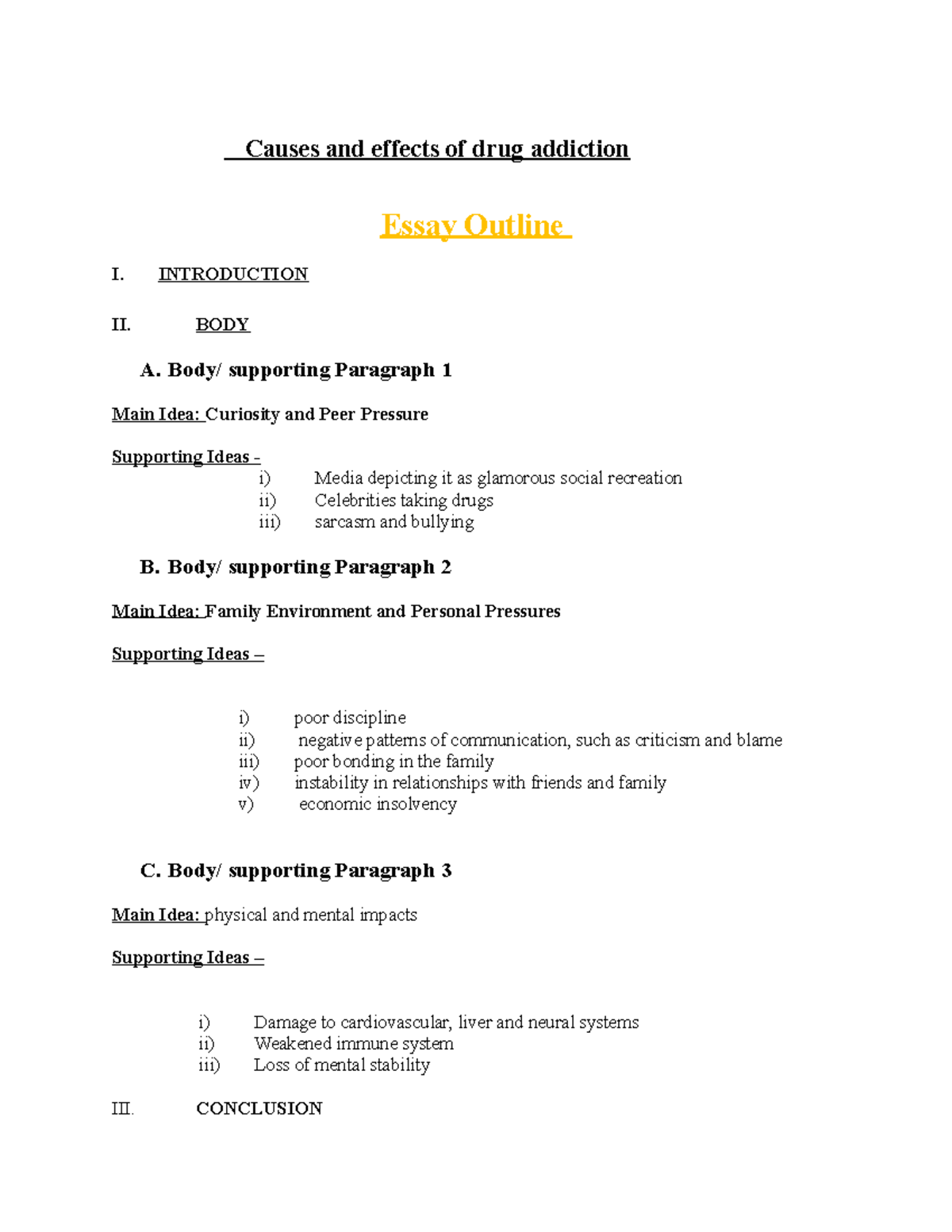 Sample Outline for Five Paragraph Essay - Causes and effects of drug ...