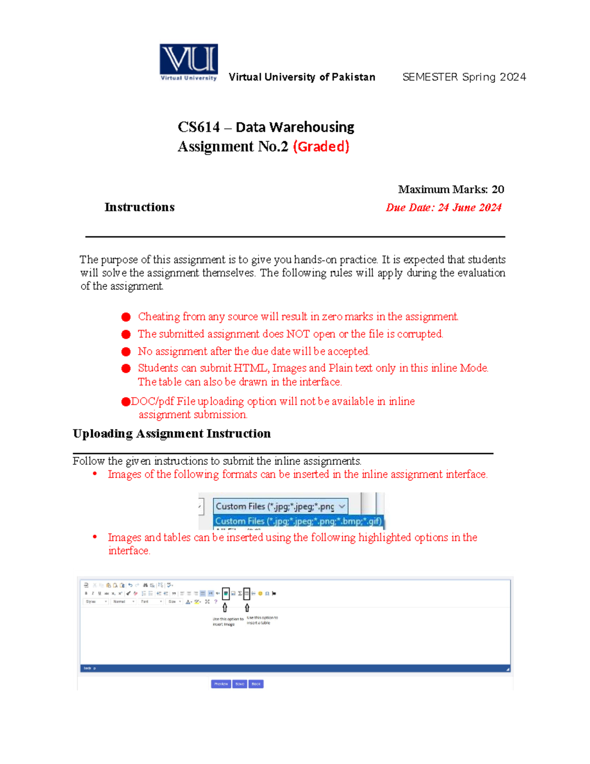 CS614 2 - Virtual University of Pakistan SEMESTER Spring 2024 CS614 – Data Warehousing ...