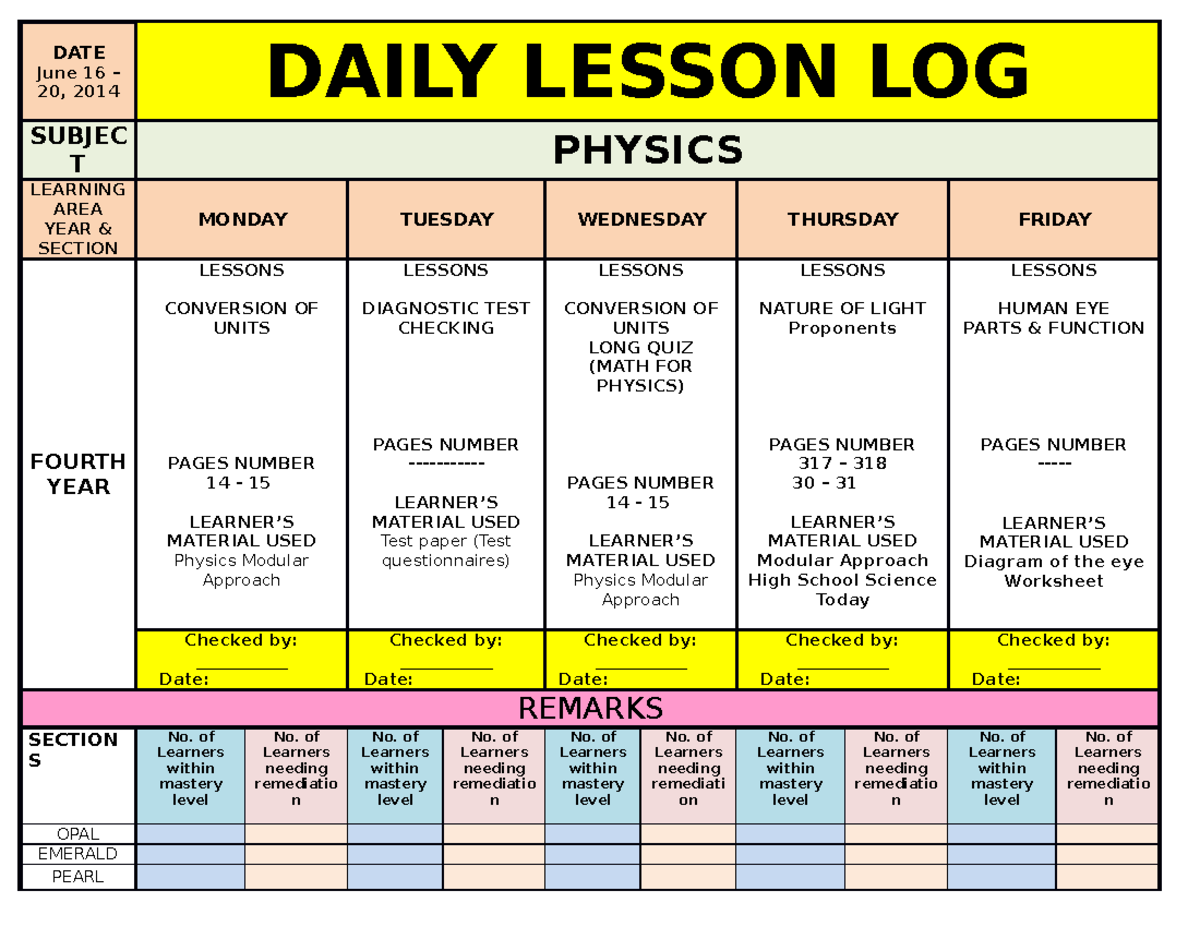 Dll Physics June 16-20, 2014 - DATE June 16 – 20, 2014 DAILY LESSON LOG ...