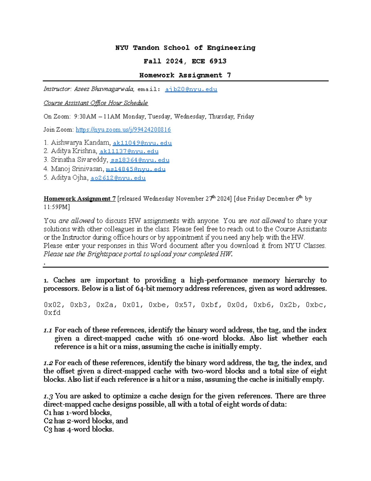 HW 7 ECE 6913 - HW07 - NYU Tandon School of Engineering Fall 2024, ECE 6913 Homework Assignment ...