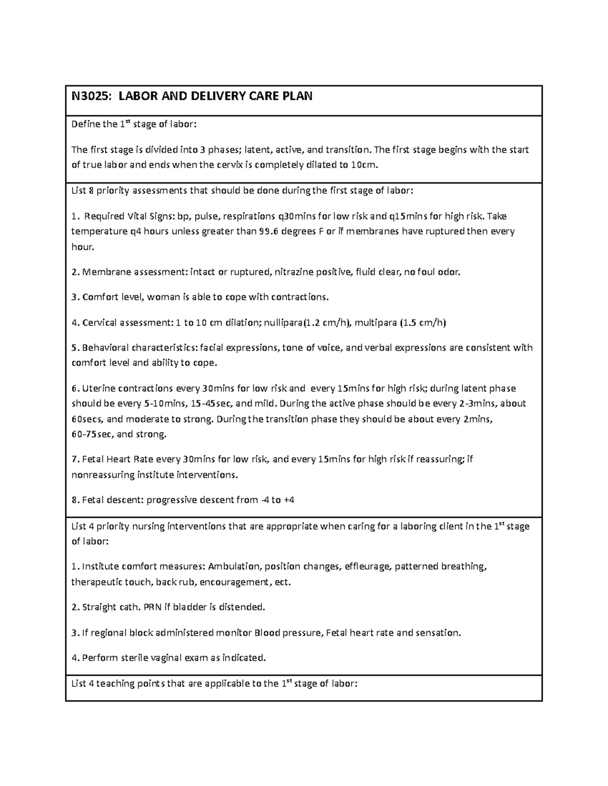 Labor and Delivery Care Plan - Preclinical Assignment - N3025: LABOR ...