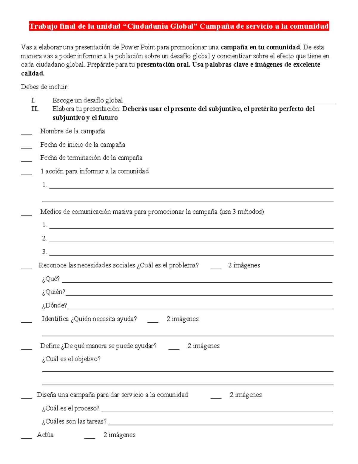 End Unit Project Campana de servicio a la comunidad - Trabajo final de ...