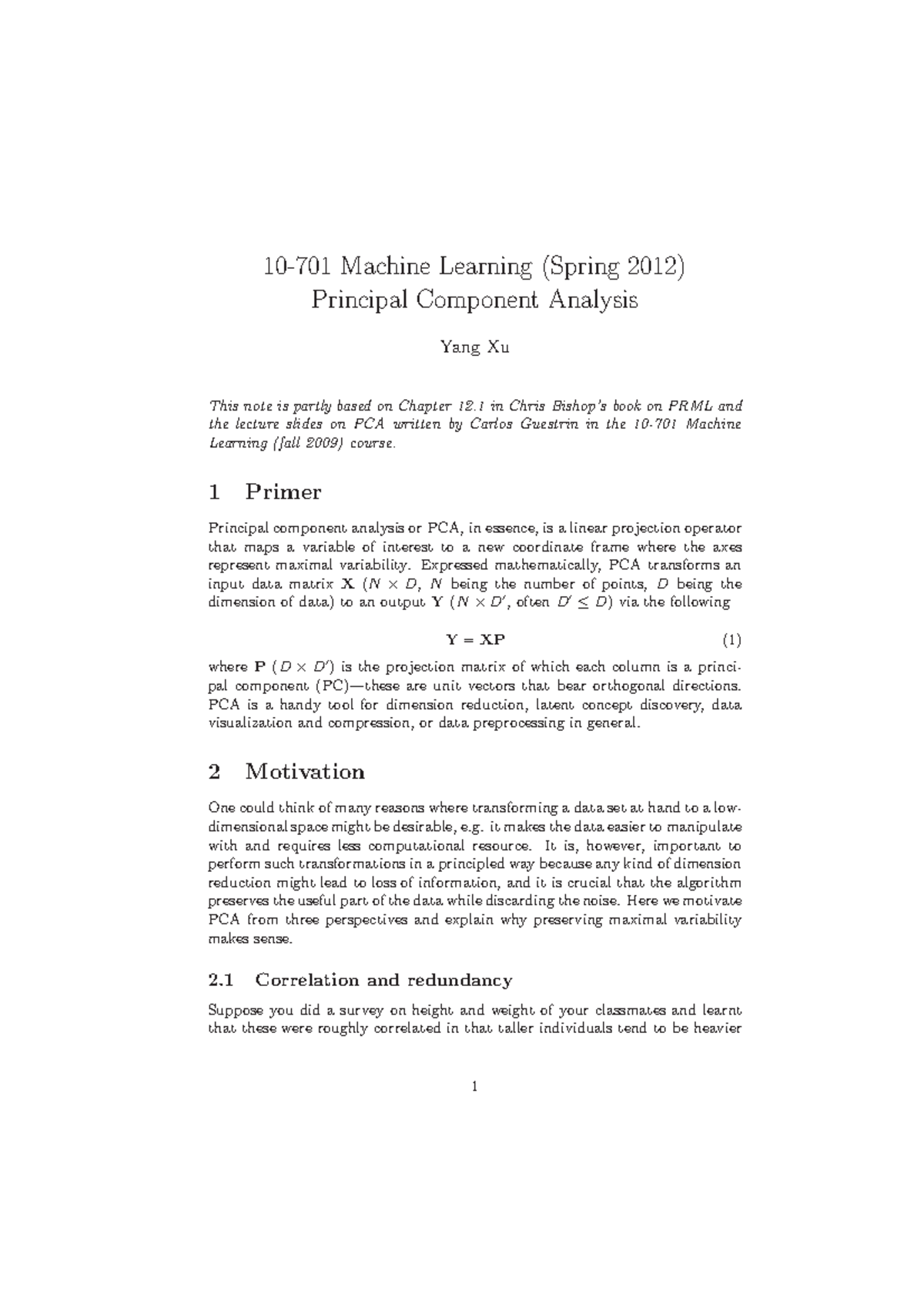 Principal component analysis - 10-701 Machine Learning (Spring 2012 ...