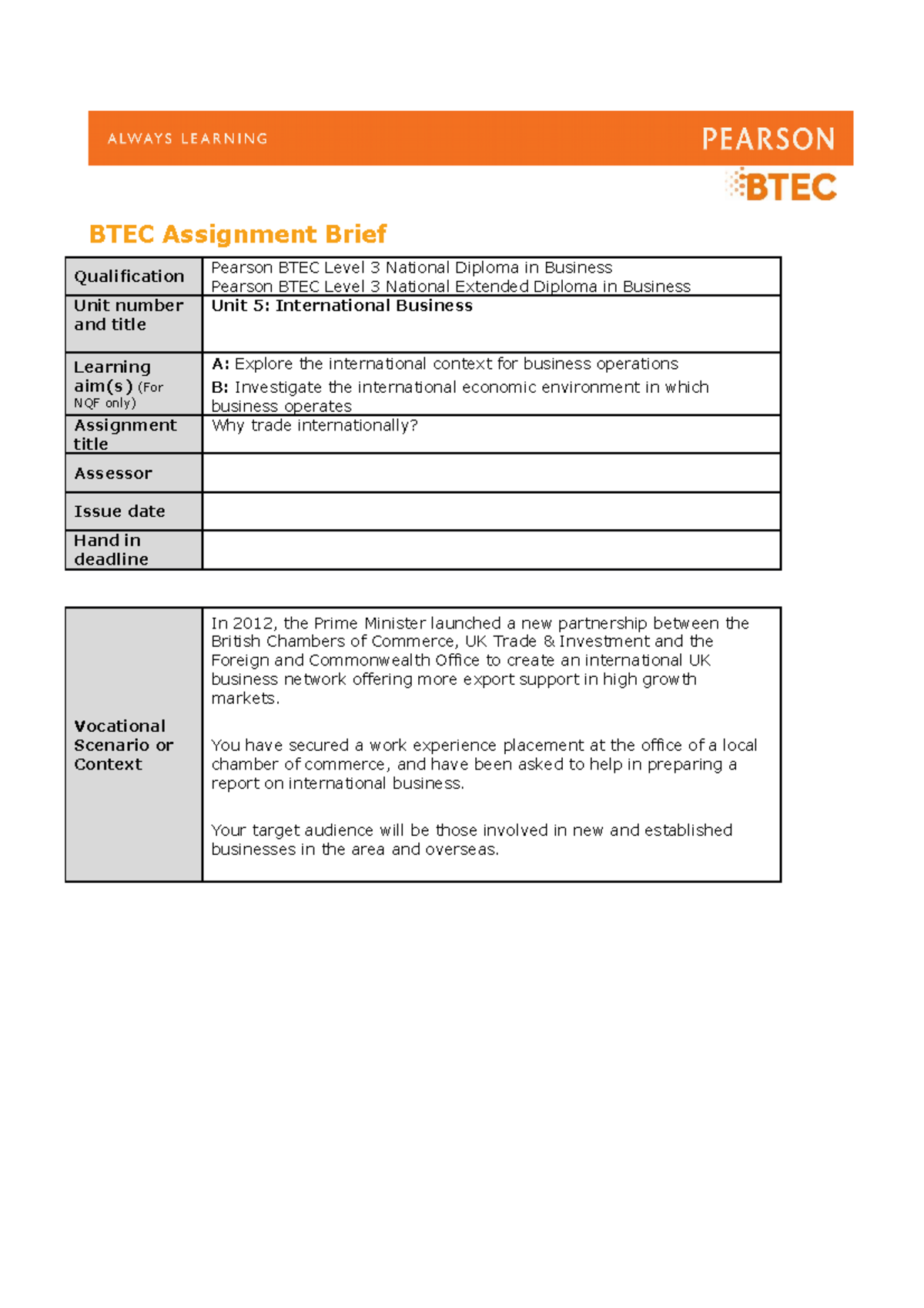 Assignment Brief Aim A and B - Unit 5 International Business - BTEC ...