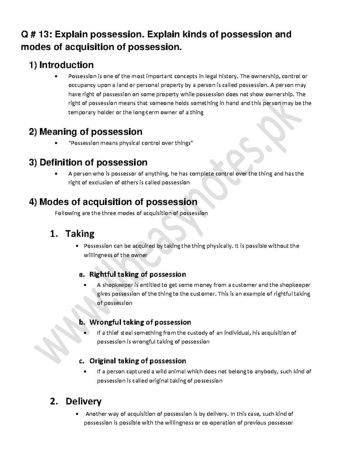 Law students association - Q # 13: Explain possession. Explain kinds of ...