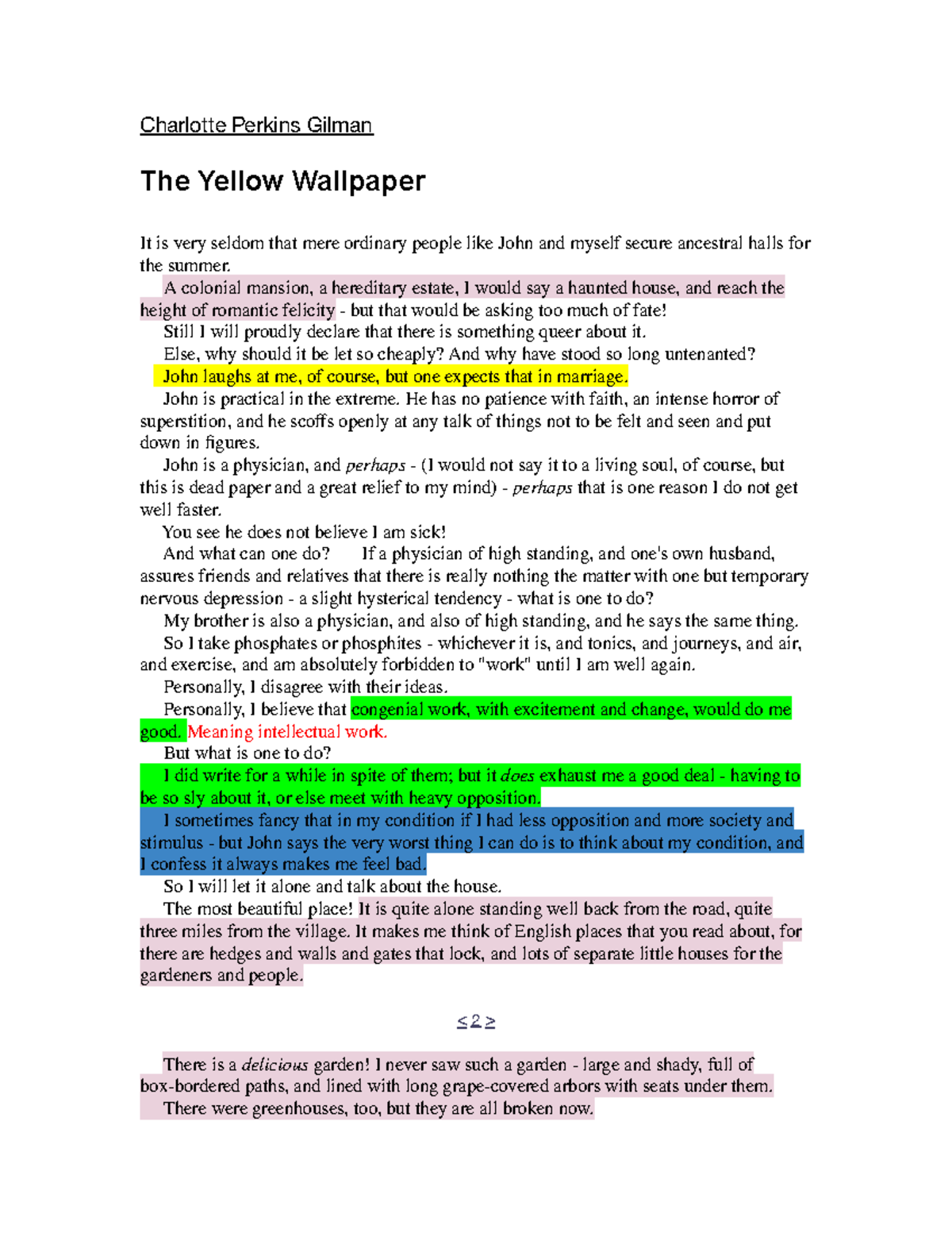 The Yellow Wallpaper- my notes - Charlotte Perkins Gilman The Yellow ...