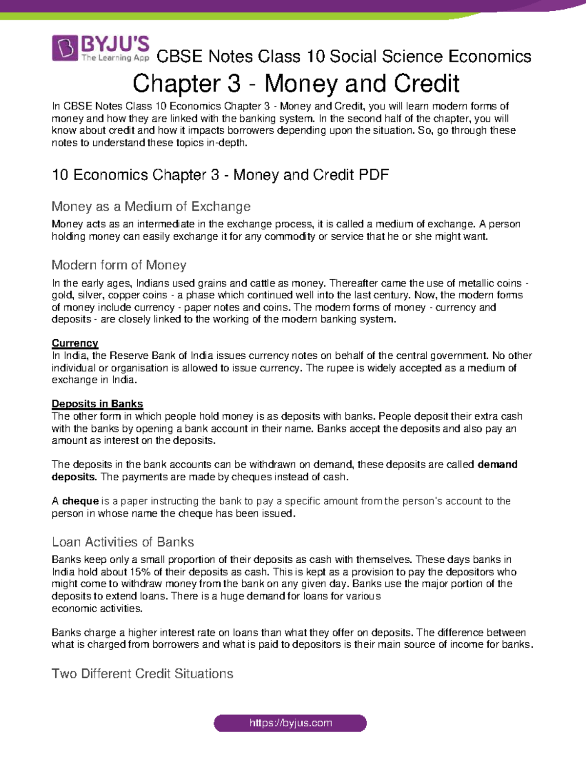 CBSE Notes Class 10 Social Science Economics Chapter 3 Money and Credit ...