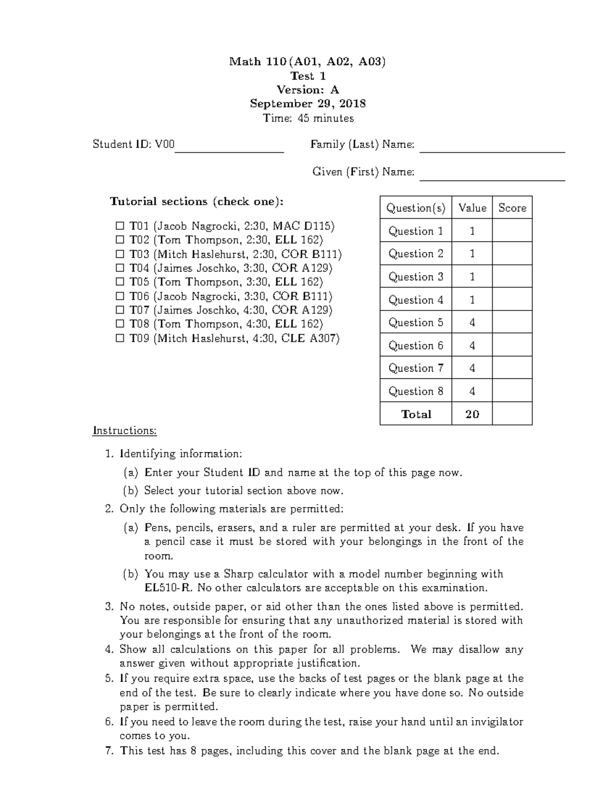 Test 1 29 September 2018, questions and answers - Math 110 (A01, A02 ...