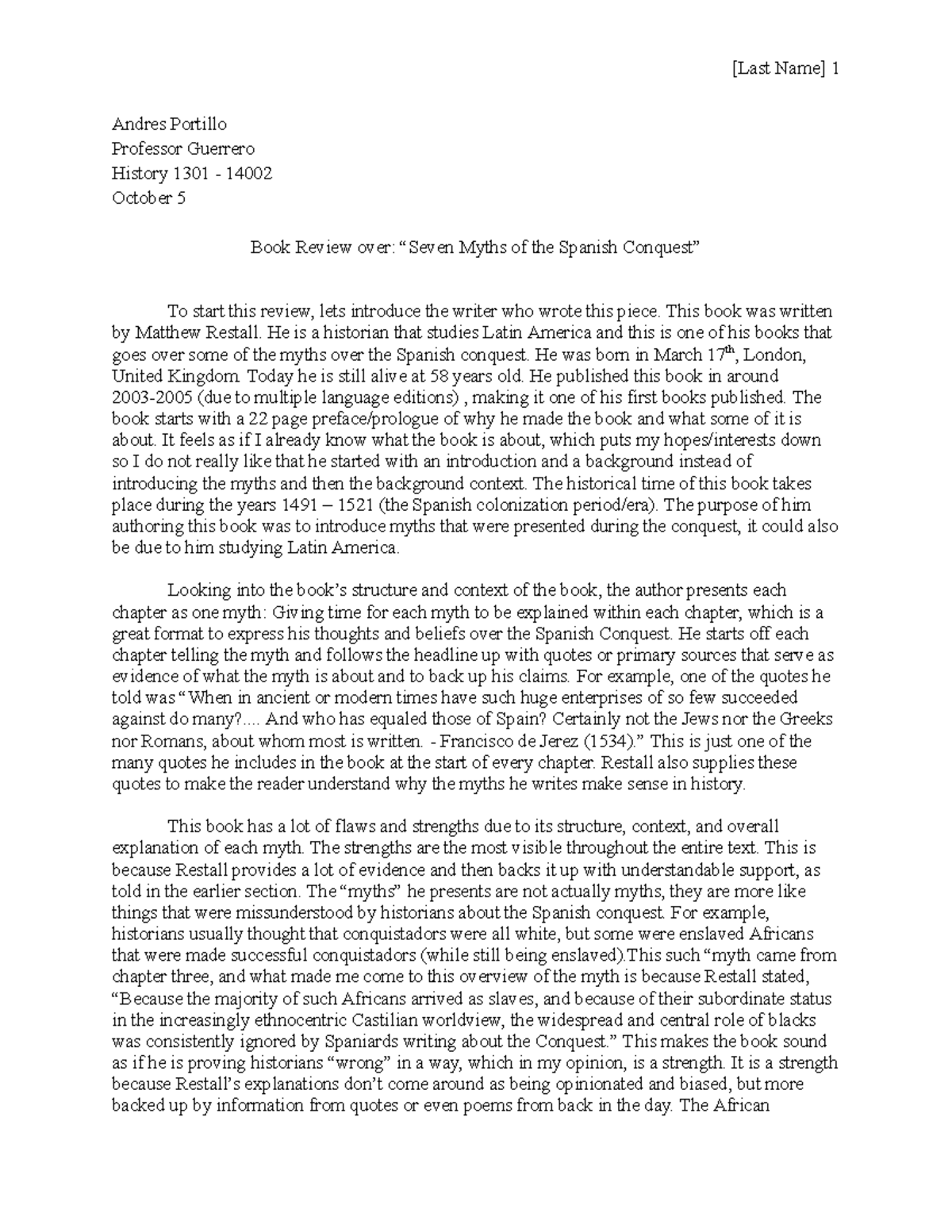 Historical Book Review - [Last Name] 1 Andres Portillo Professor ...