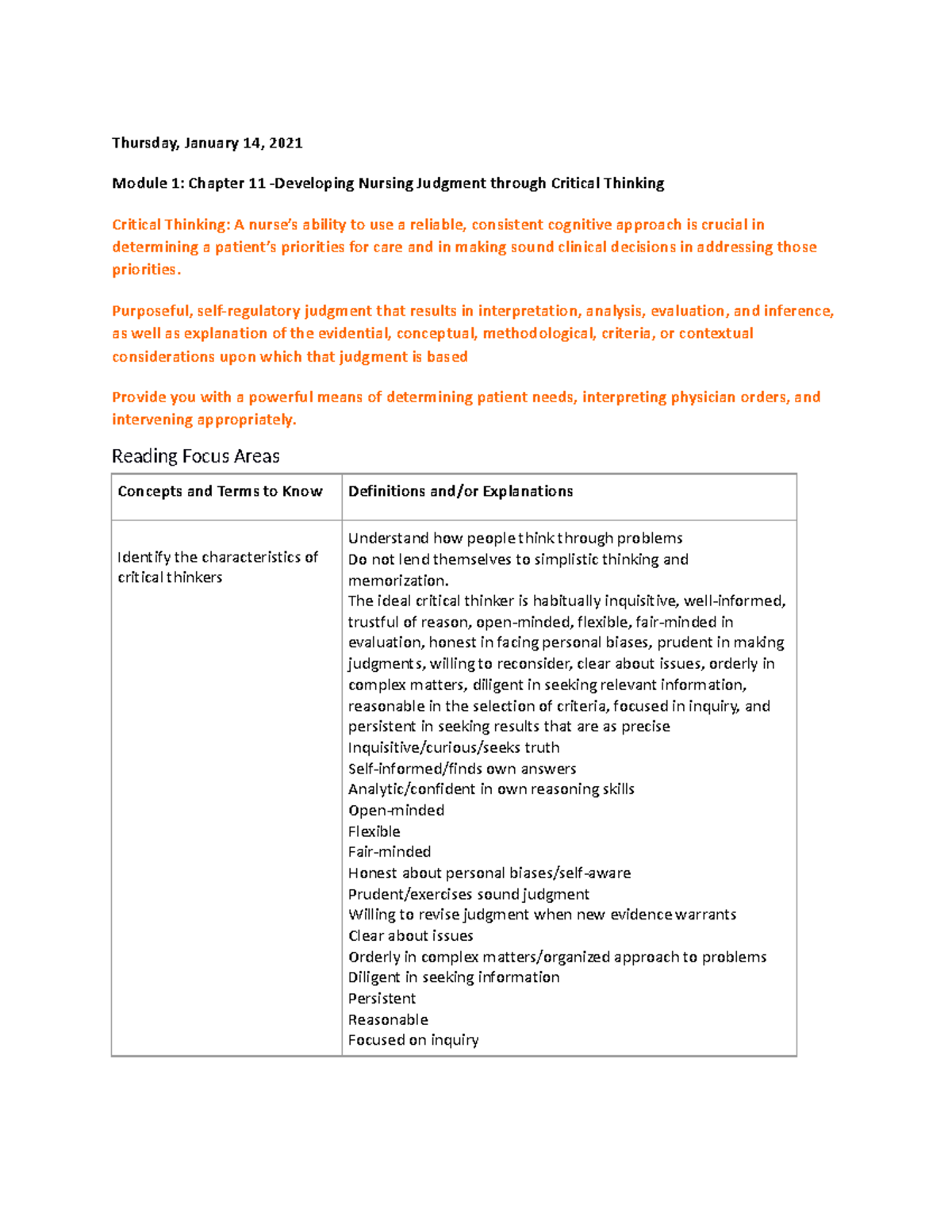 Module 1 - Thursday, January 14, 2021 Module 1: Chapter 11 -Developing ...