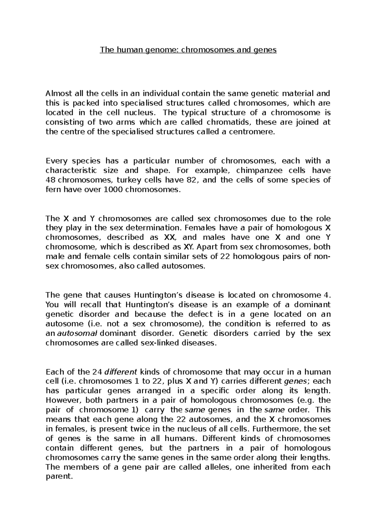 The human genome - Notes - The human genome: chromosomes and genes ...