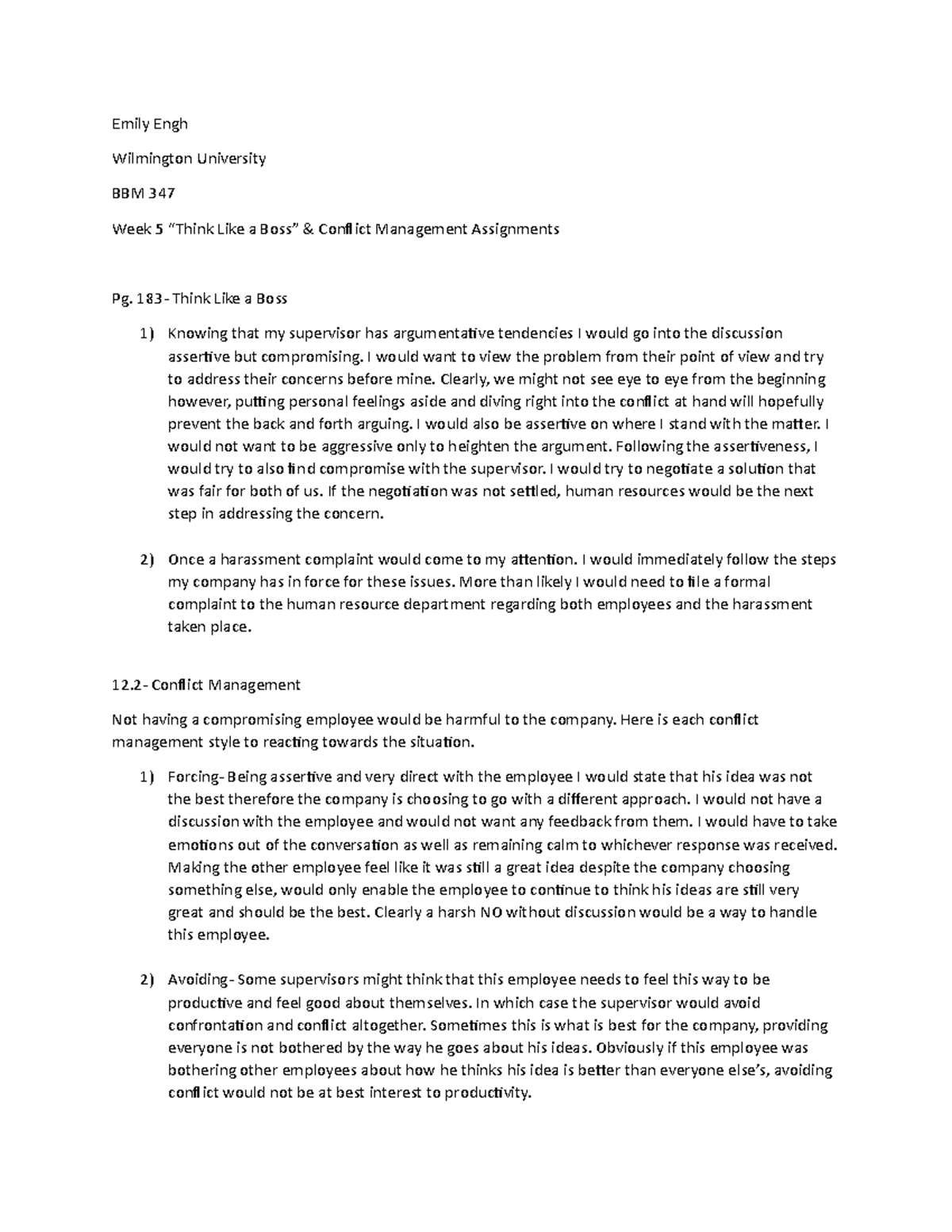 Week 5 assignments - week 5 - Emily Engh Wilmington University BBM 347 ...