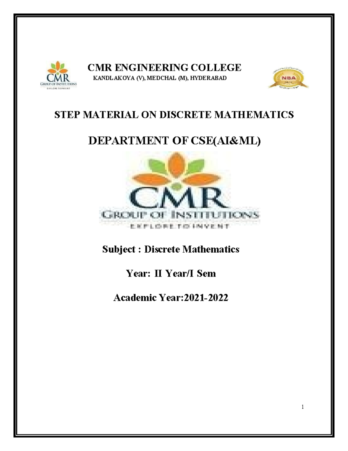 Discrete- Mathematics STEP Material - 1 CMR ENGINEERING COLLEGE ...