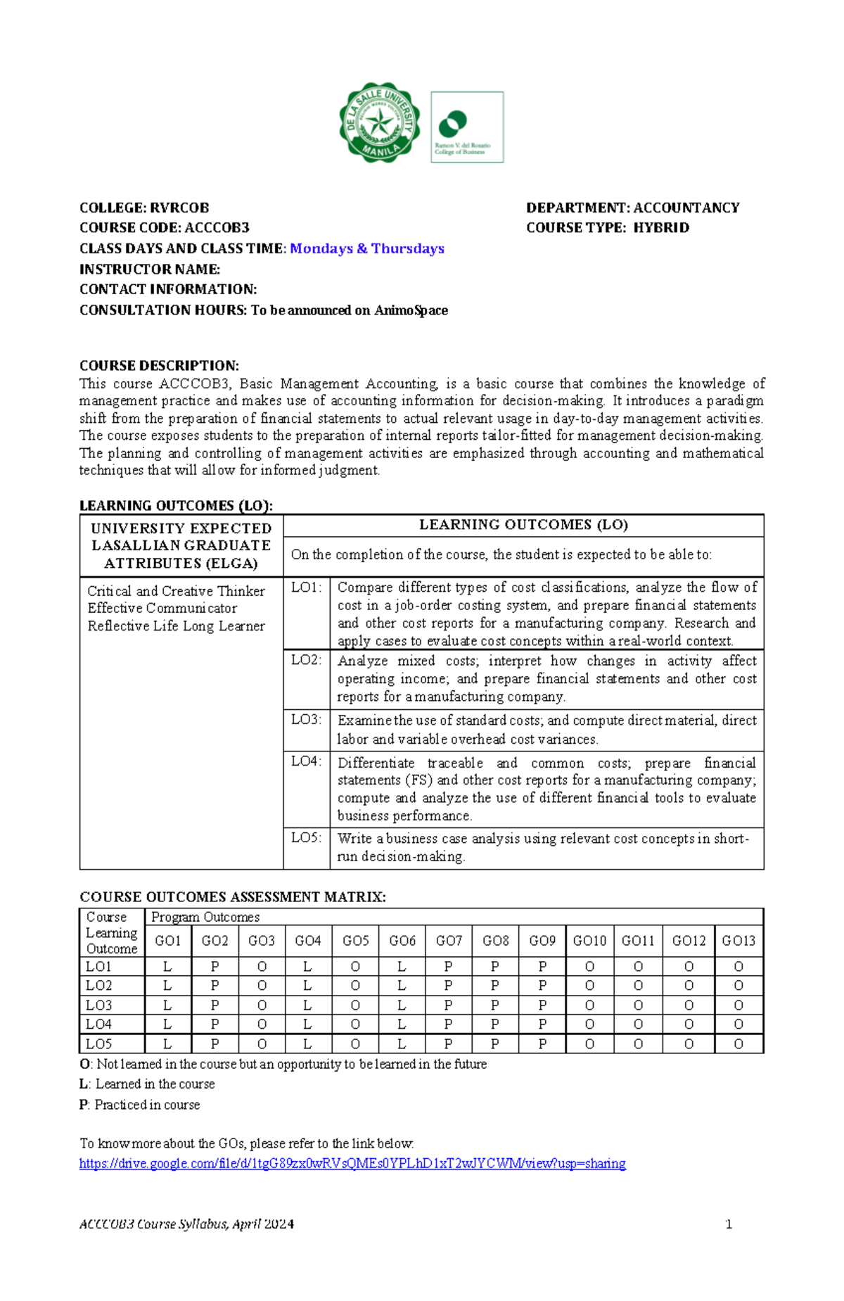 Acccob 3 Hybrid Syllabus T32324 MH (tentative) - COLLEGE: RVRCOB DEPARTMENT: ACCOUNTANCY COURSE ...