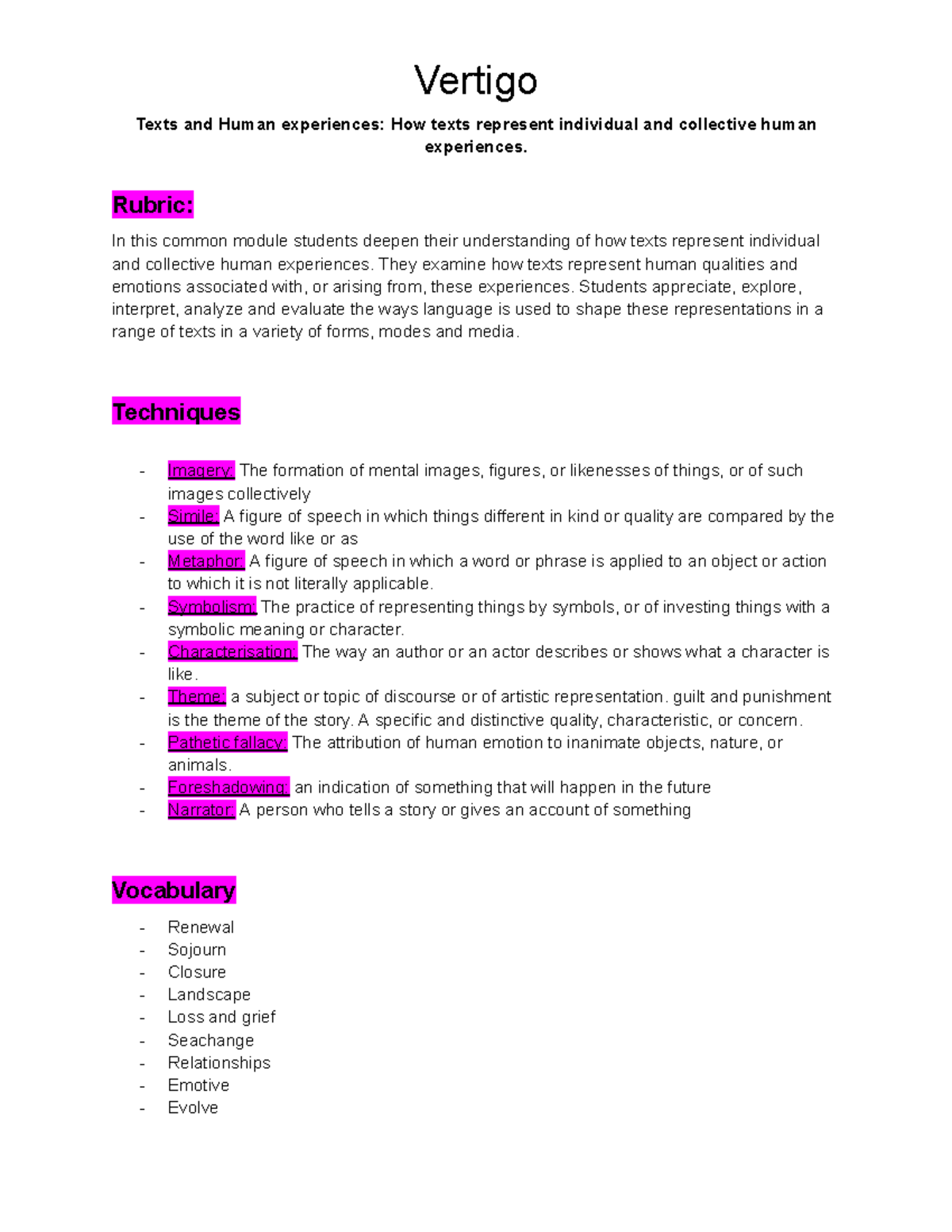 English Study Notes Module 1 - Vertigo Texts and Human experiences: How ...