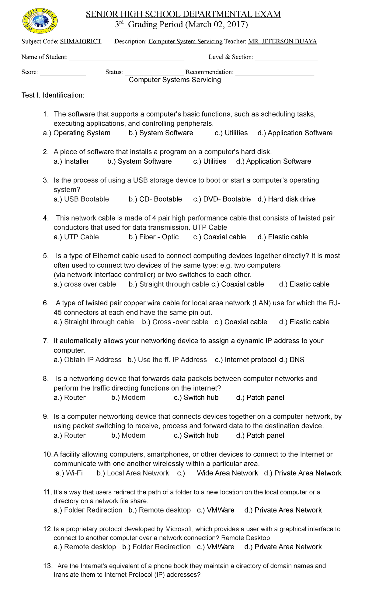 343970185 CSS 3rd Periodical Exam Test Paper - SENIOR HIGH SCHOOL ...