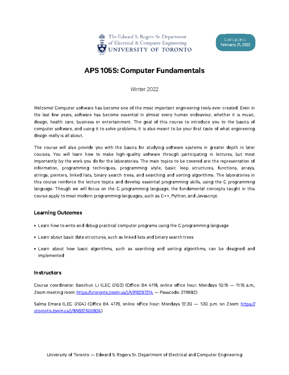 Syllabus-W22 - syllabus - APS 105S: Computer Fundamentals Winter 2022 Welcome! Computer software ...