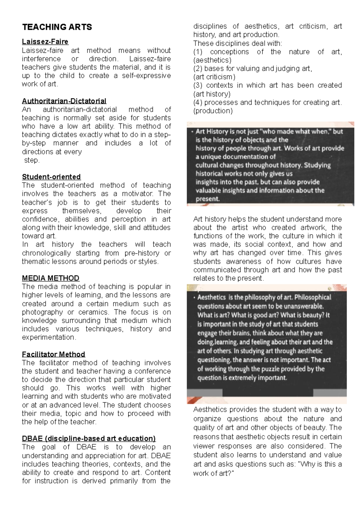 (1) Teaching Arts - Notes In Arts For Students - Teaching Arts Laissez
