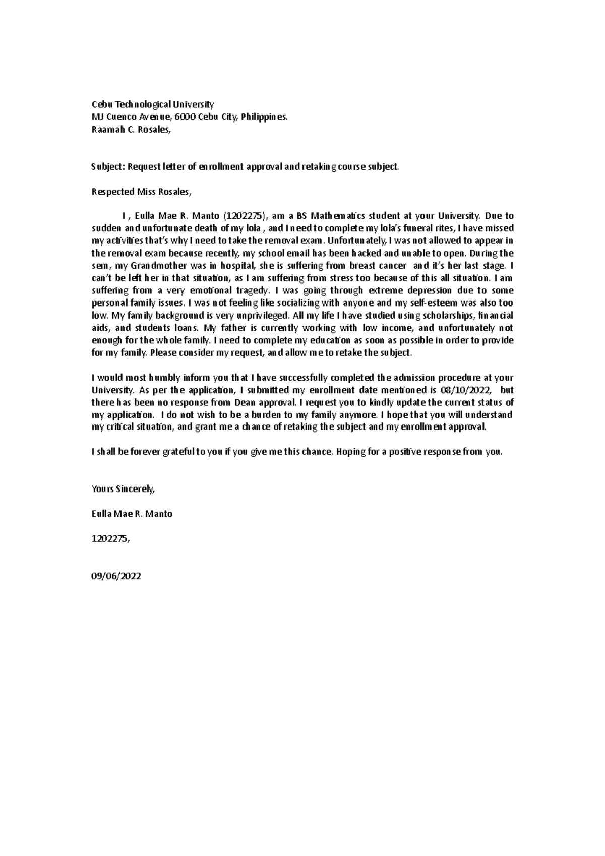 Cebu Technological University - Raamah C. Rosales, Subject: Request ...