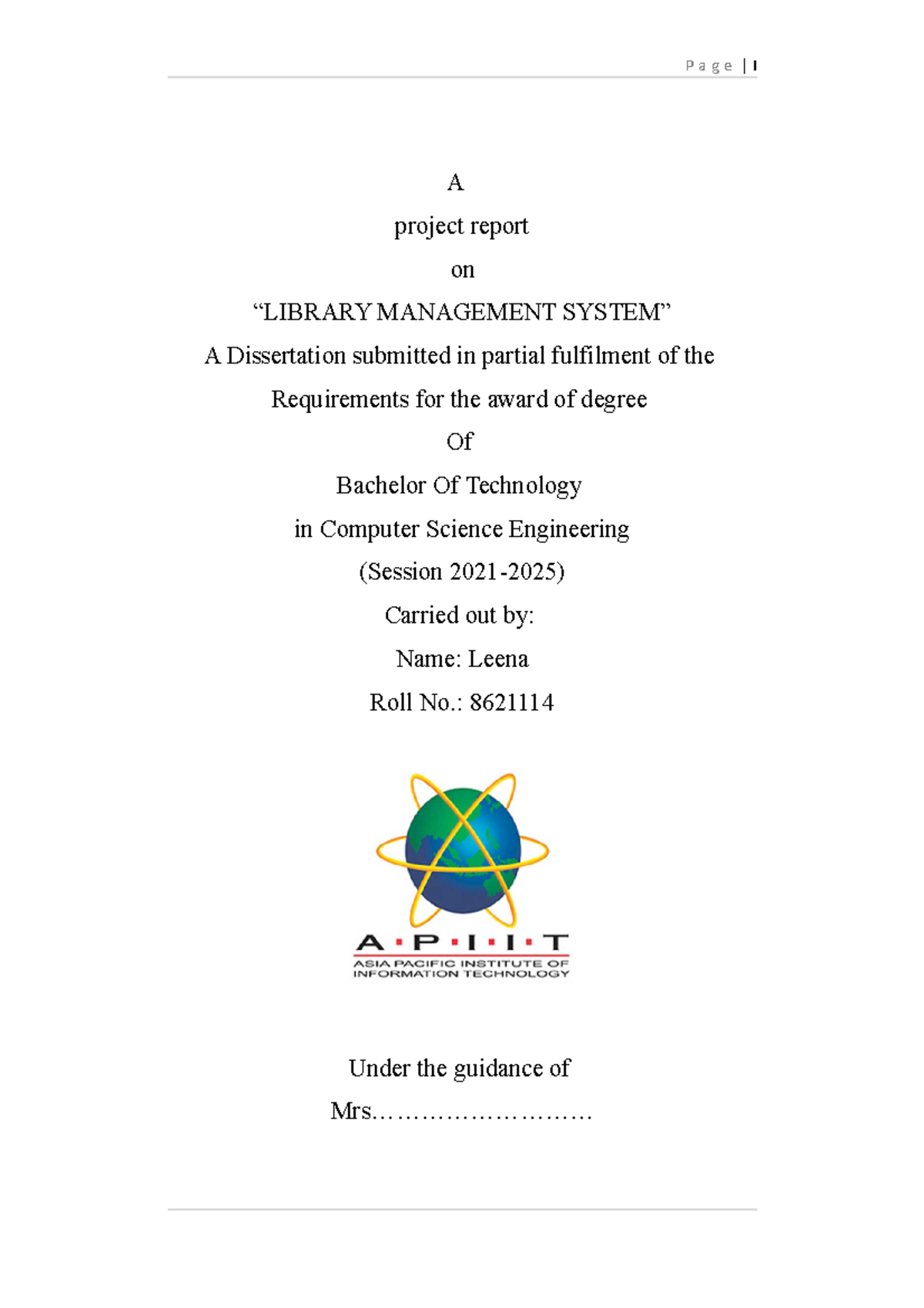 Project leena - P a g e | I A project report on “LIBRARY MANAGEMENT ...