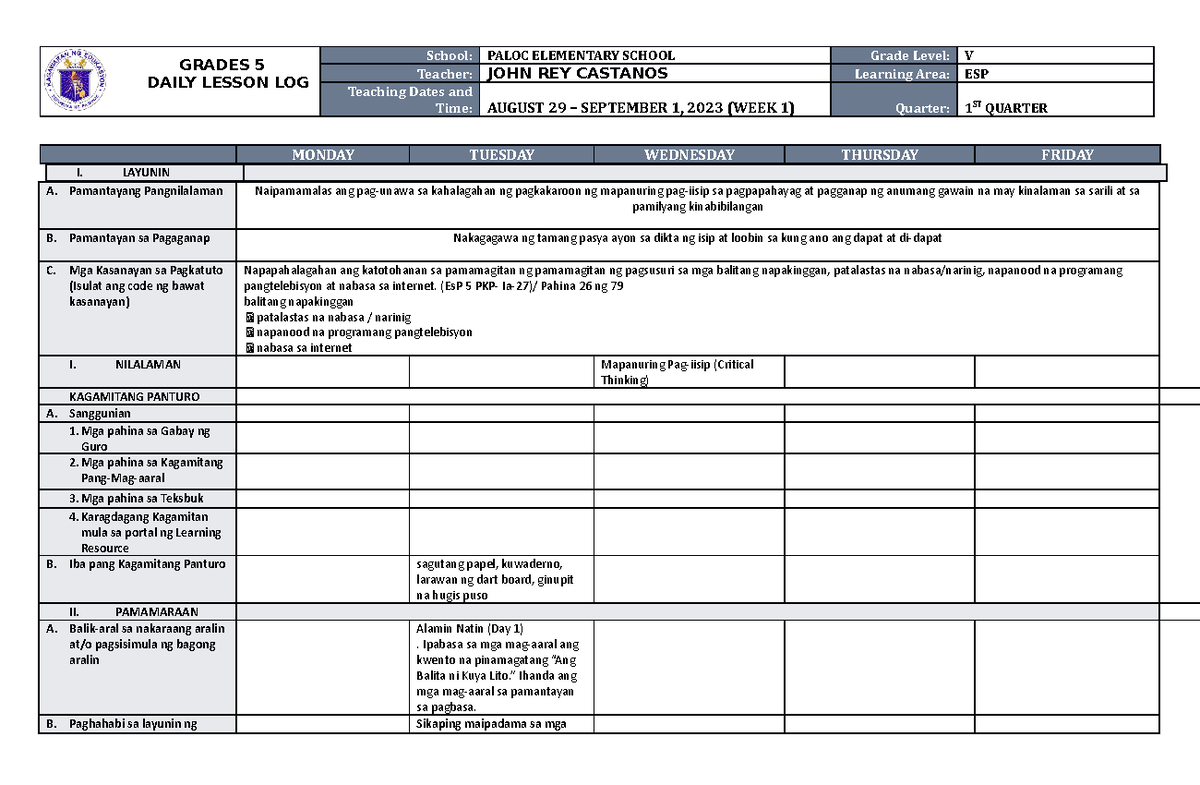 DLL ESP 5 Q1 W1 - plase - GRADES 5 DAILY LESSON LOG School: PALOC ...